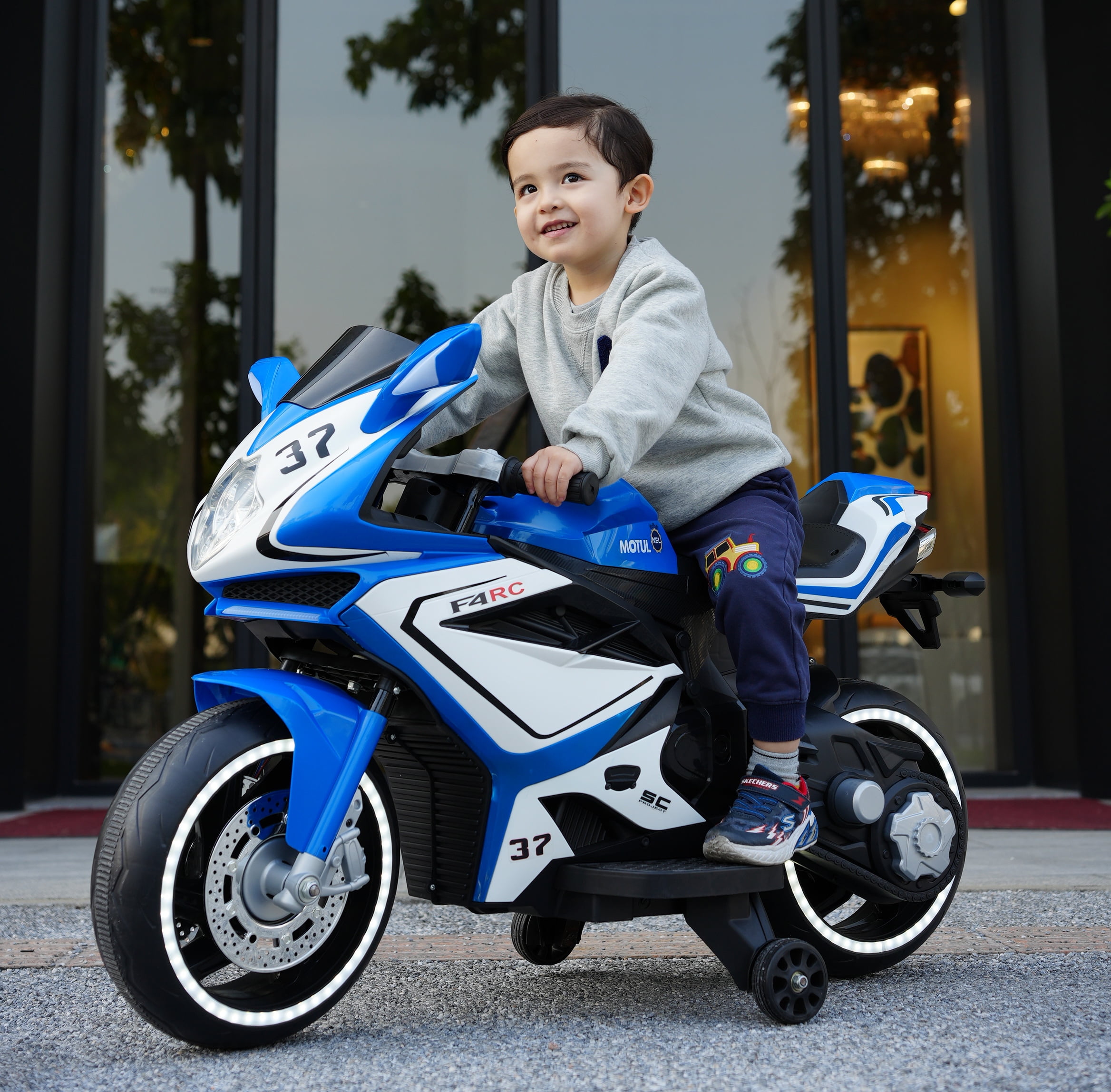 Pouseayar 12V Electric Motorcycle, Ride-on Toys Motocross for Kids 3-8 Years with Training ...