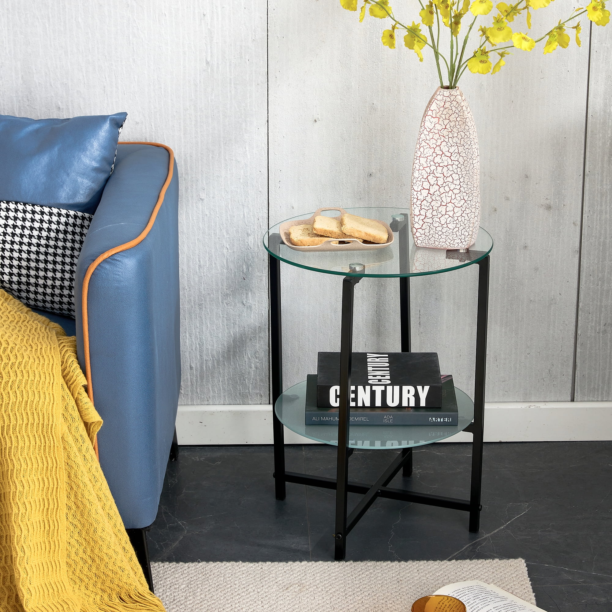 Pouseayar 2 Pieces Tempered Glass End Table, Side Table with 2 Tier ...