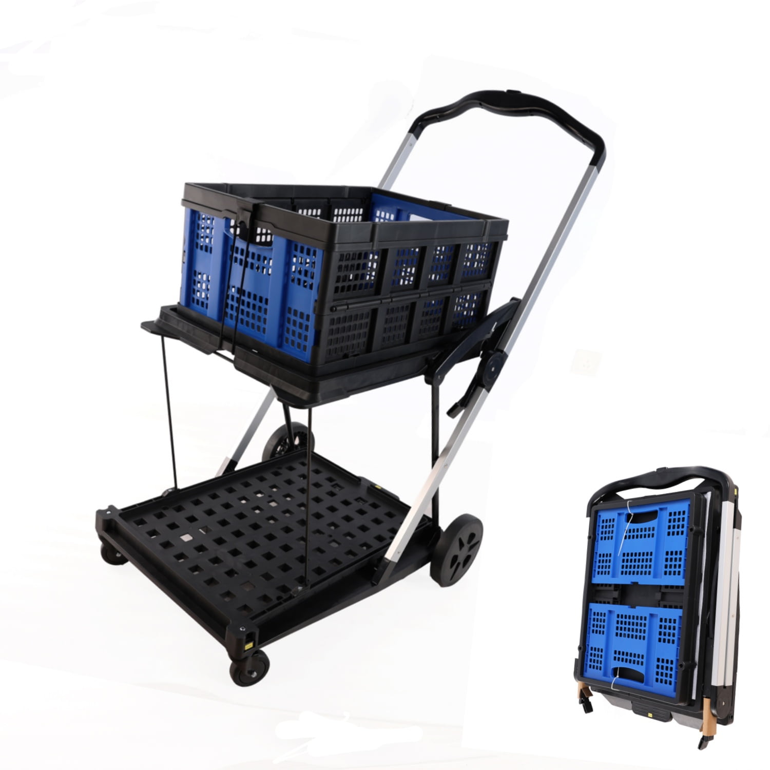 Pouseayar 2 Tier Folding Shopping Rolling Crate Cart, Multi Use ...