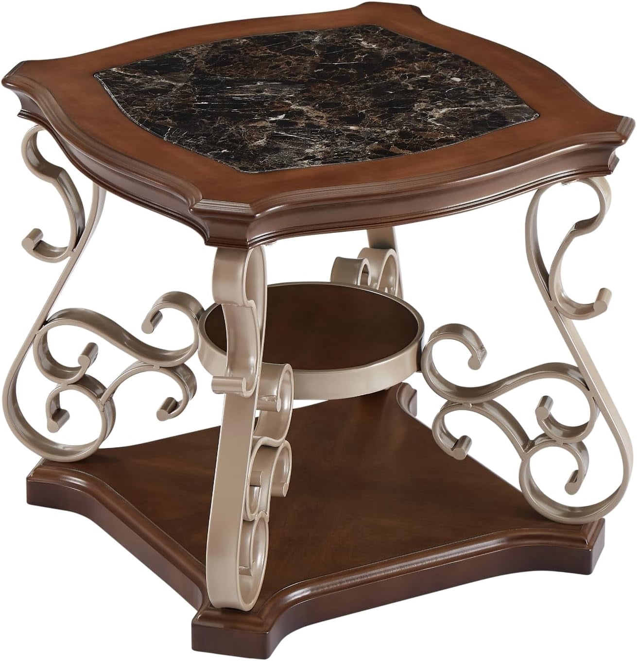 Pouseayar 2-Tier Square End Table with Marble Paper Top & Storage Birch ...