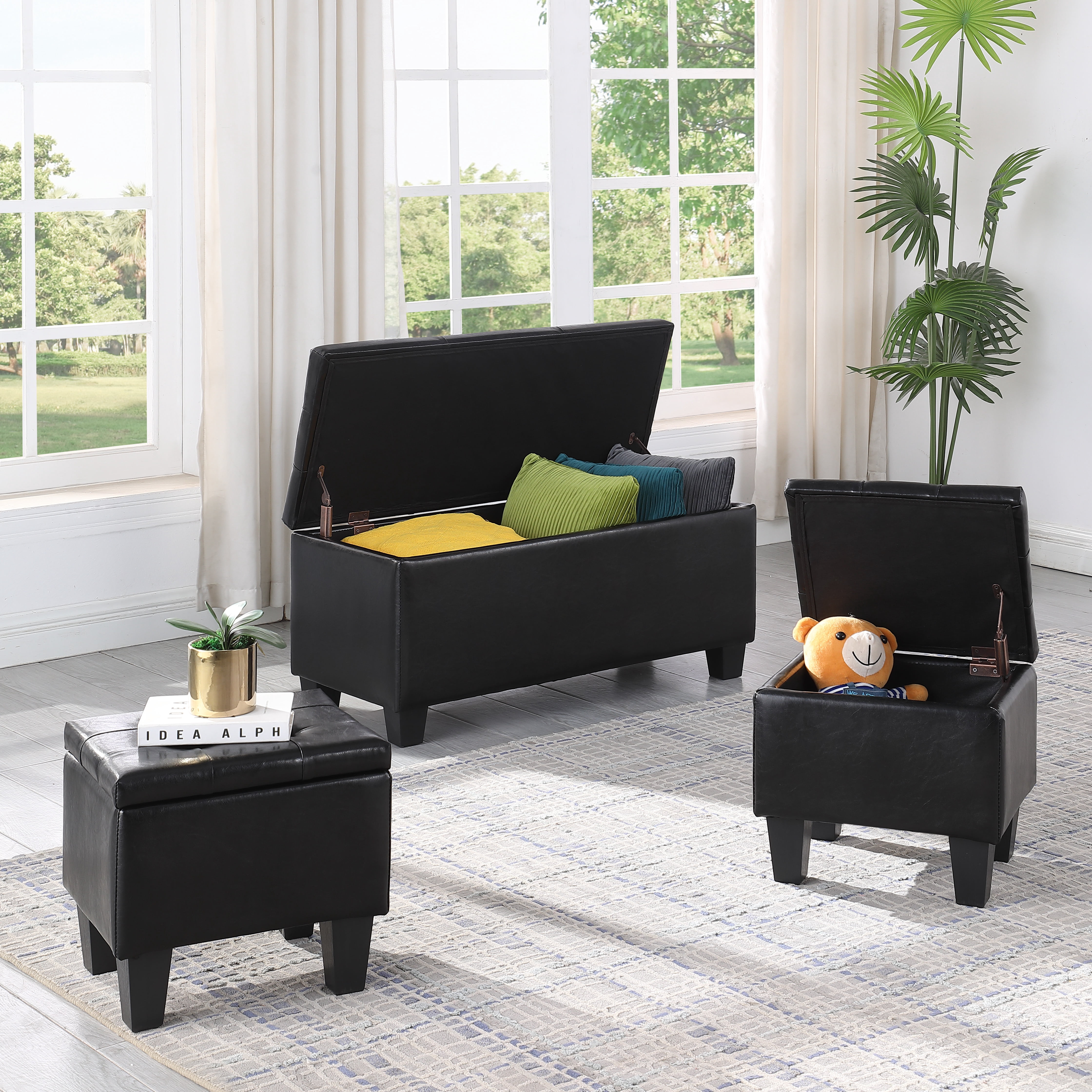 Pouseayar 3 in 1 Storage Ottoman Bench Set, Tufted Ottoman Linen Bench ...