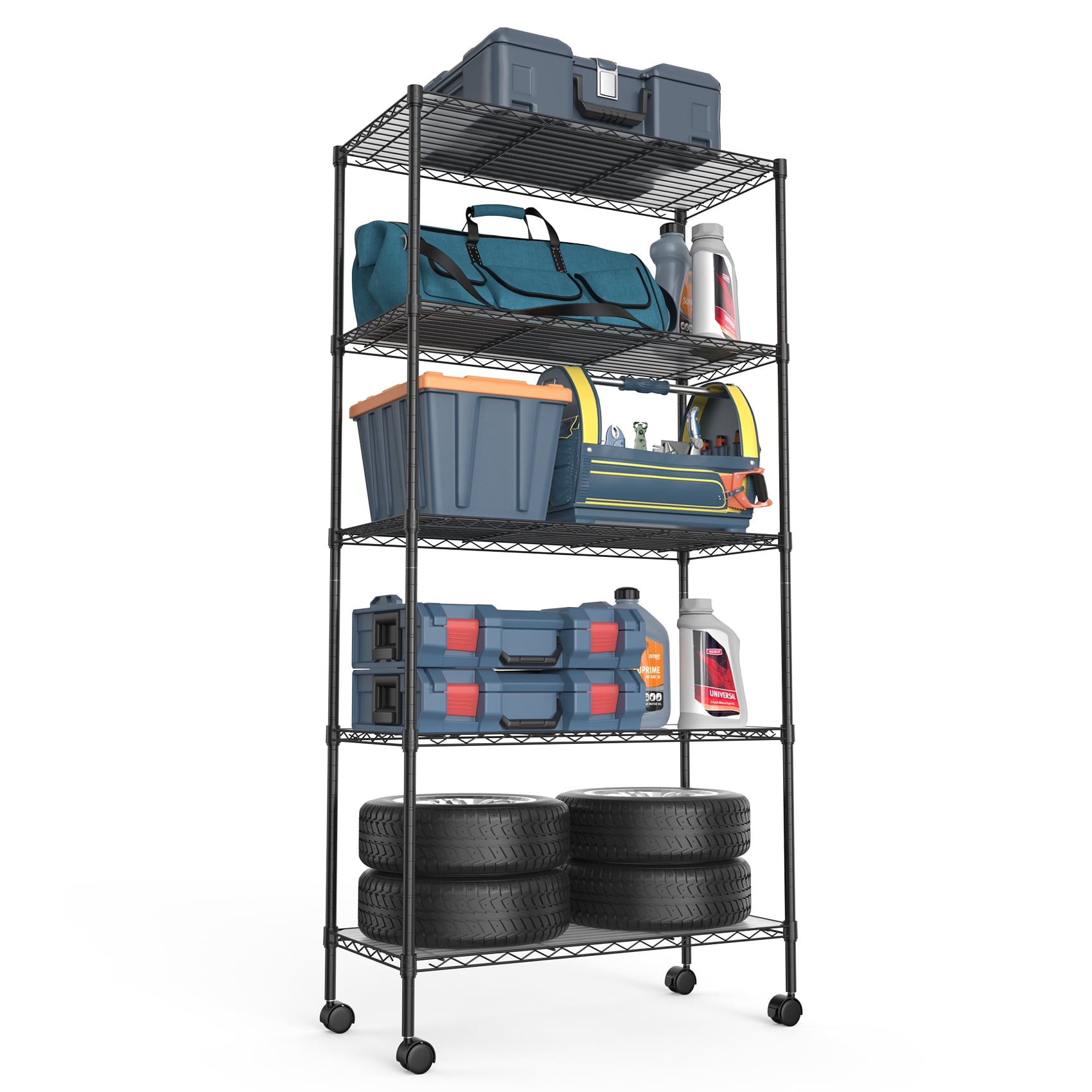 Pouseayar 5-Tier Heavy Duty Wire Shelf with Wheels, Adjustable Metal ...