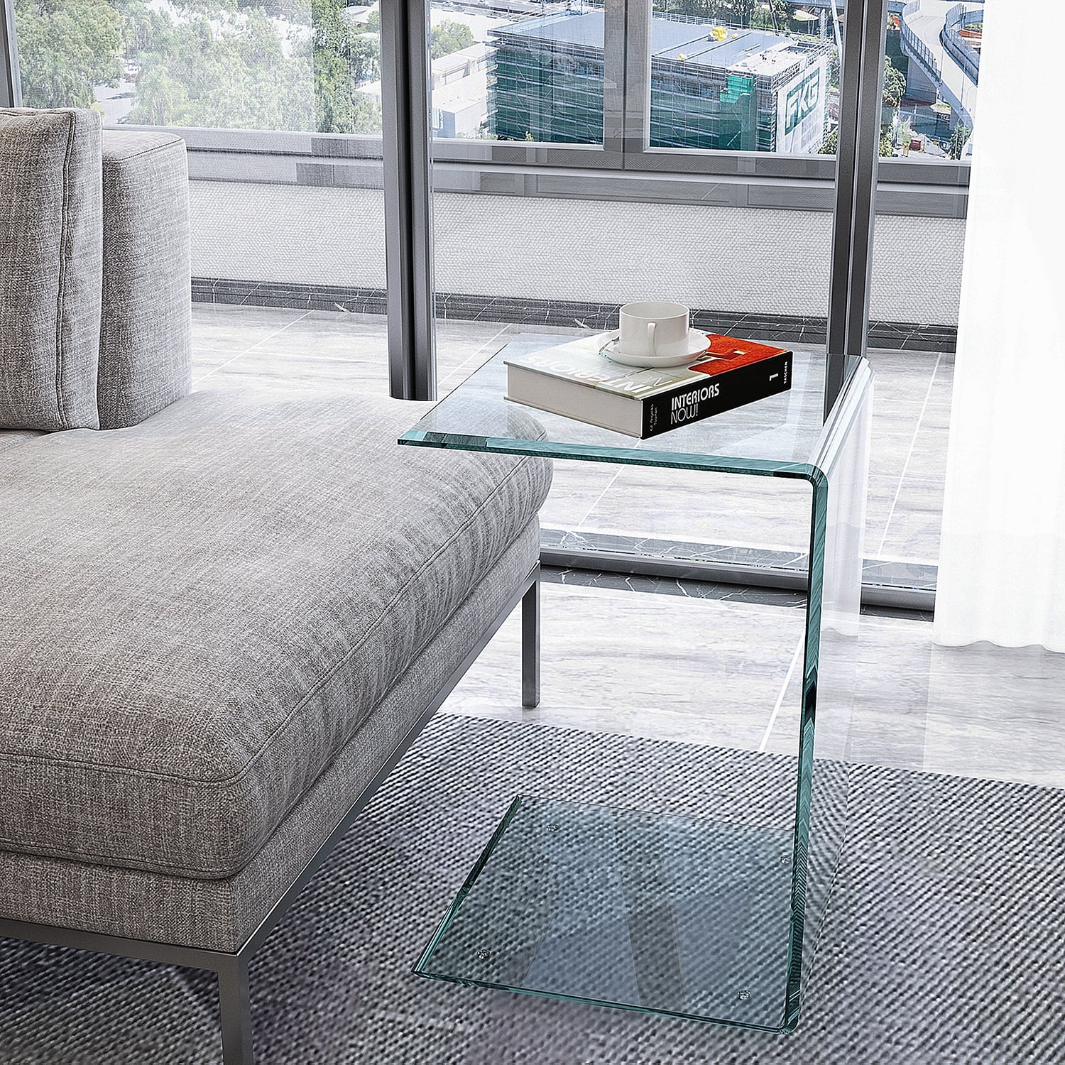 Pouseayar Glass End Table, C Shaped Clear Tempered Glass Snack Table ...