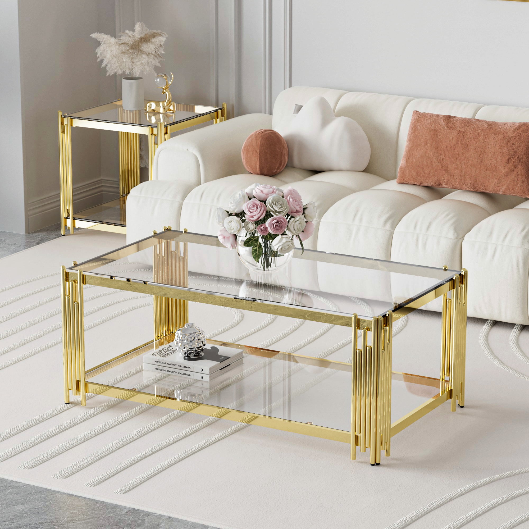 Pouseayar Modern Classic Rectangles Stainless Steel Glass Coffee Table ...