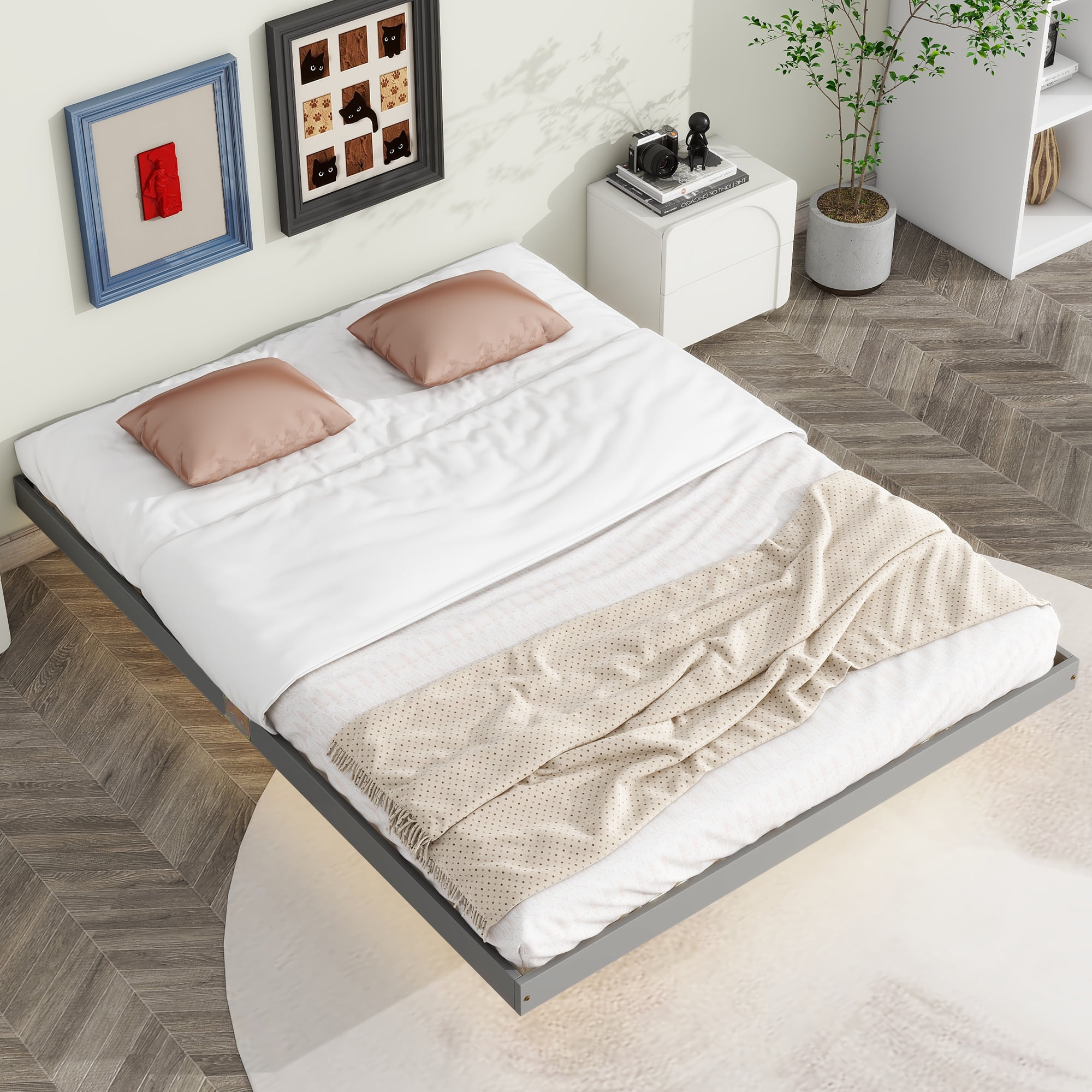 Pouseayar Queen Size Floating Bed Frame with LED Lights, Low Profile ...