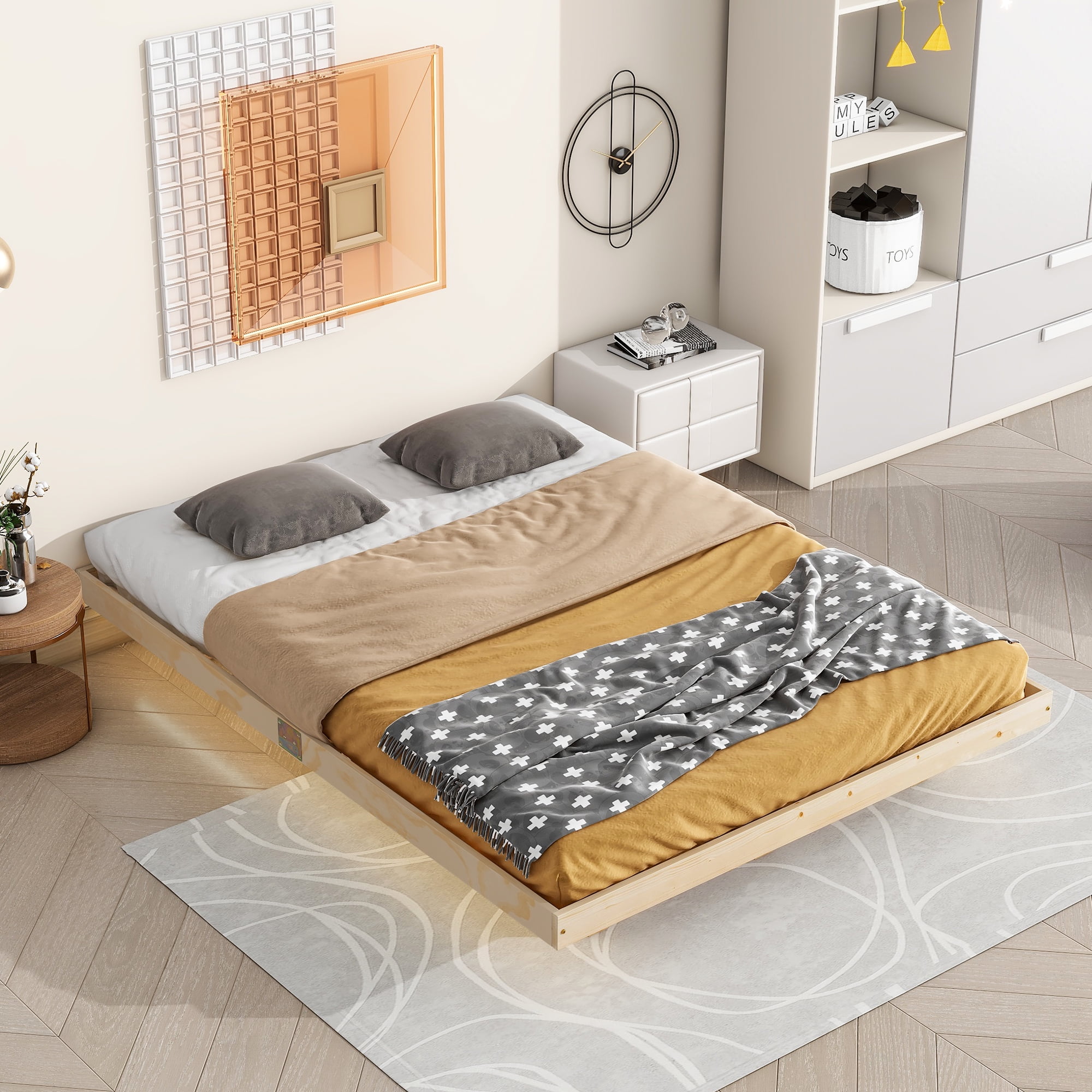 Pouseayar Minimalist Queen Size Floating Bed Frame with LED Lights, Low ...