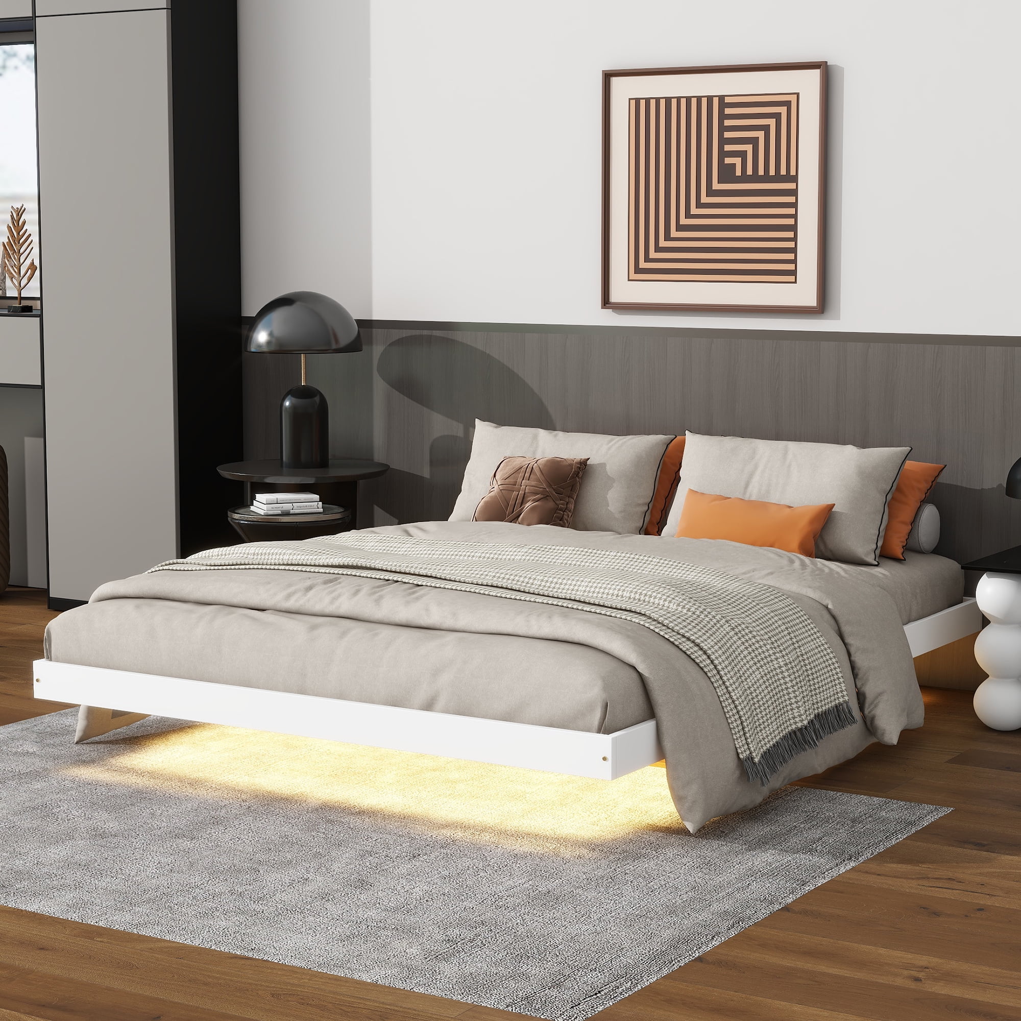 Pouseayar Queen Size Floating Bed Frame with LED Lights, Low Profile ...