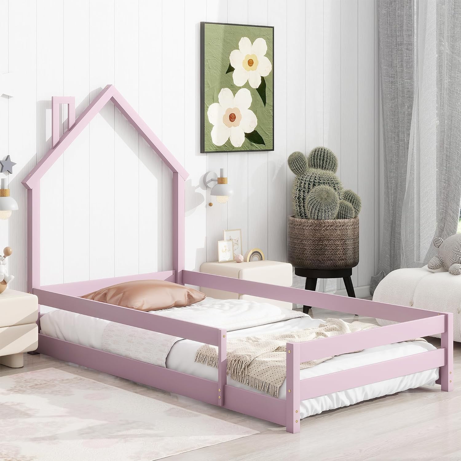 Pouseayar Twin Size Montessori Toddler Floor Bed Frame, Modern House ...