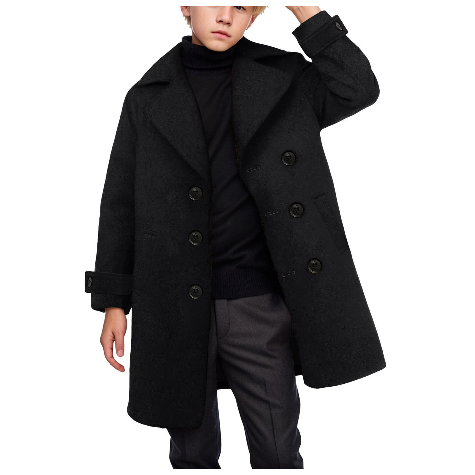 Povozer Boys Single Breasted Peacoat Notch Lapel Overcoat with Pockets(Black,9-10 Years ...