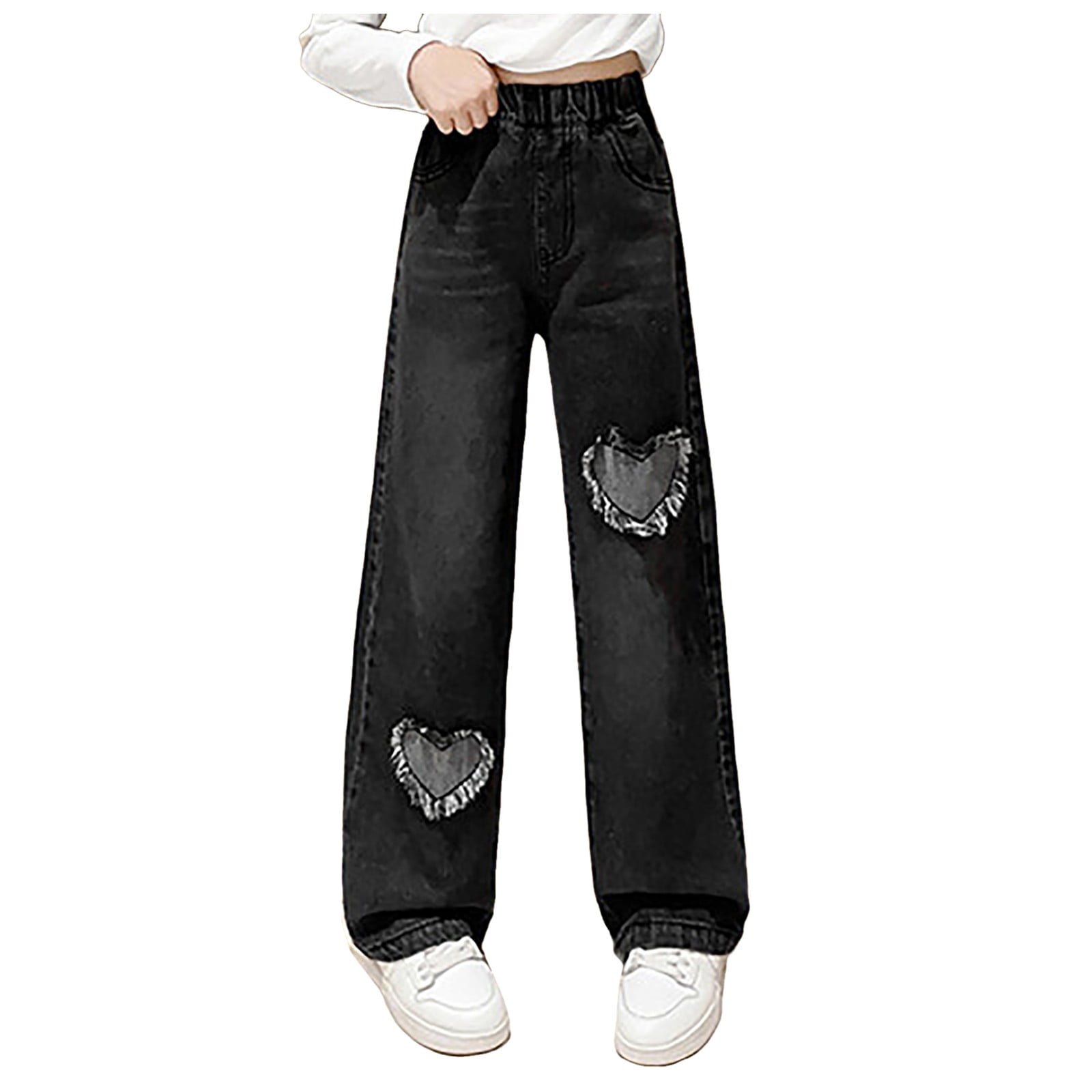 Povozer Girl's Y2k Jeans Heart Print Bell Bottom Vintage Jeans Denim ...