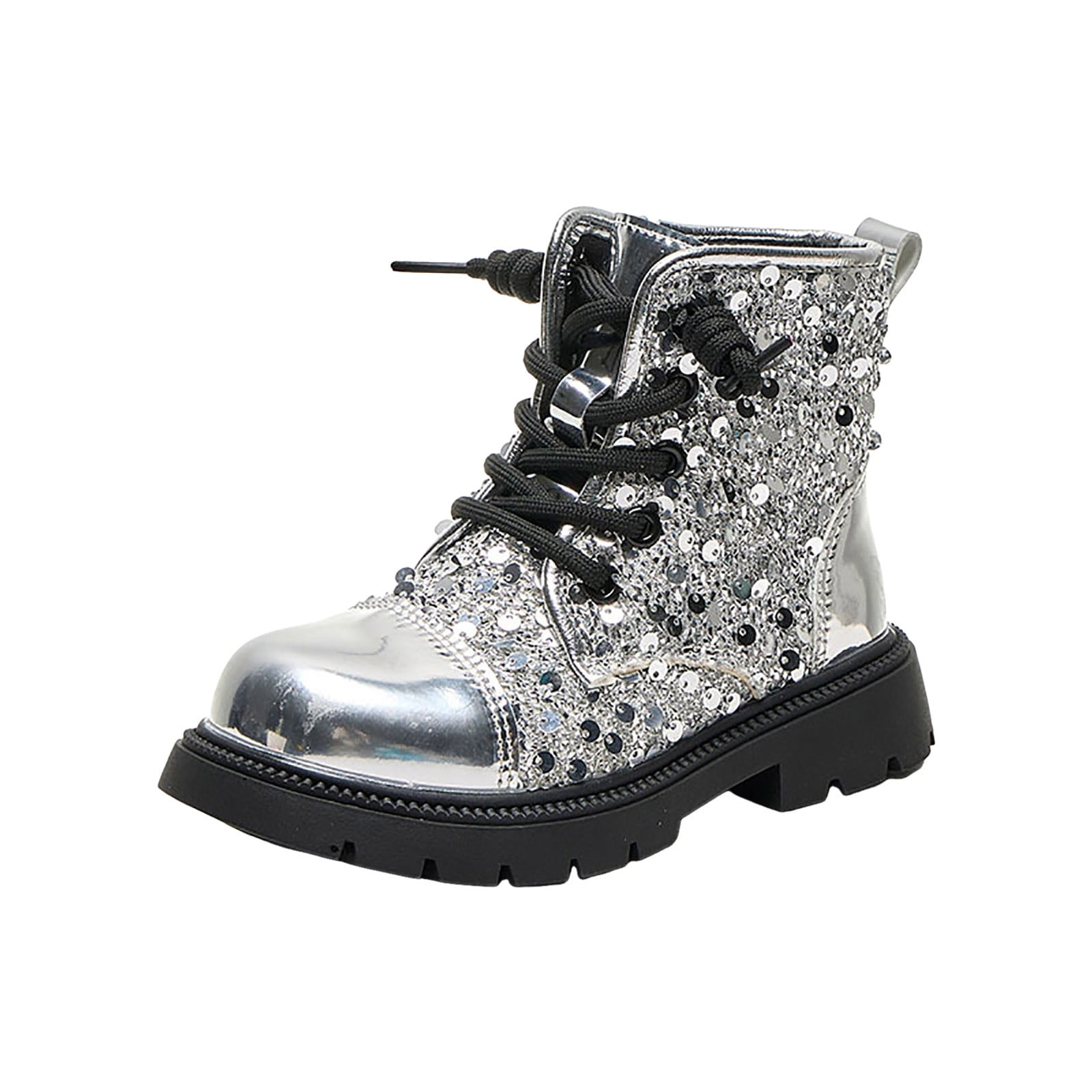 Povozer Girls Glitter Ankle Boots Lace Up Waterproof Combat Shoes With ...