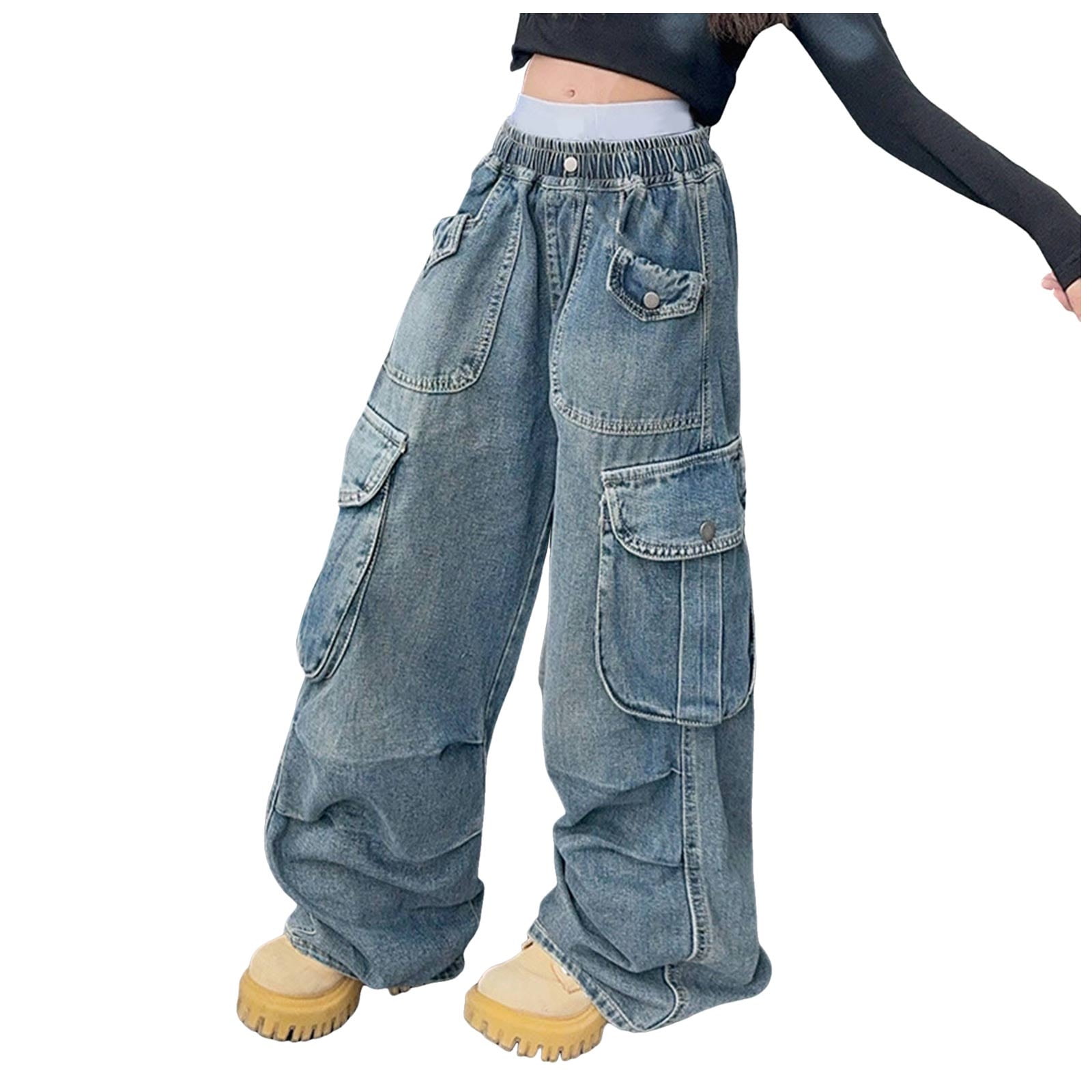 Povozer Girls Streetwear Denim Cargo Pants Floor Length Baggy Wide Leg ...