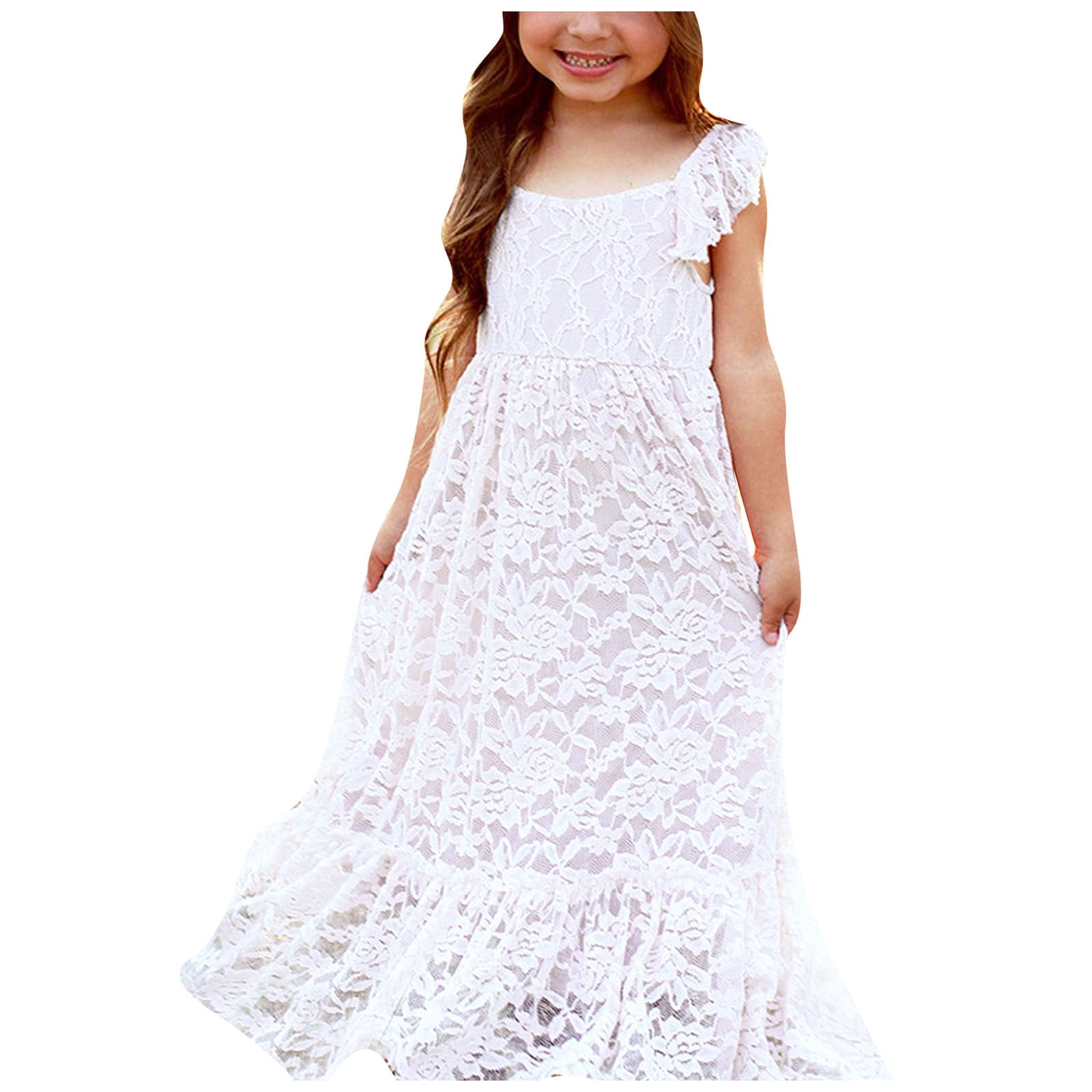 Povozer Girls Summer Dresses Lace Solid Ruffle Sleeve Smocked Flowy ...