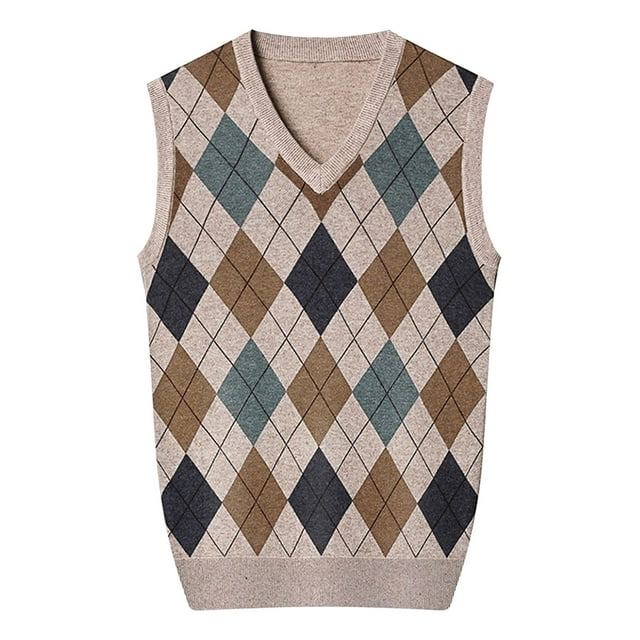 Povozer Mens Argyle Sweater Vests Rhombus Sleeveless V-Neck Knit Pullover Vest(Khaki,XL ...