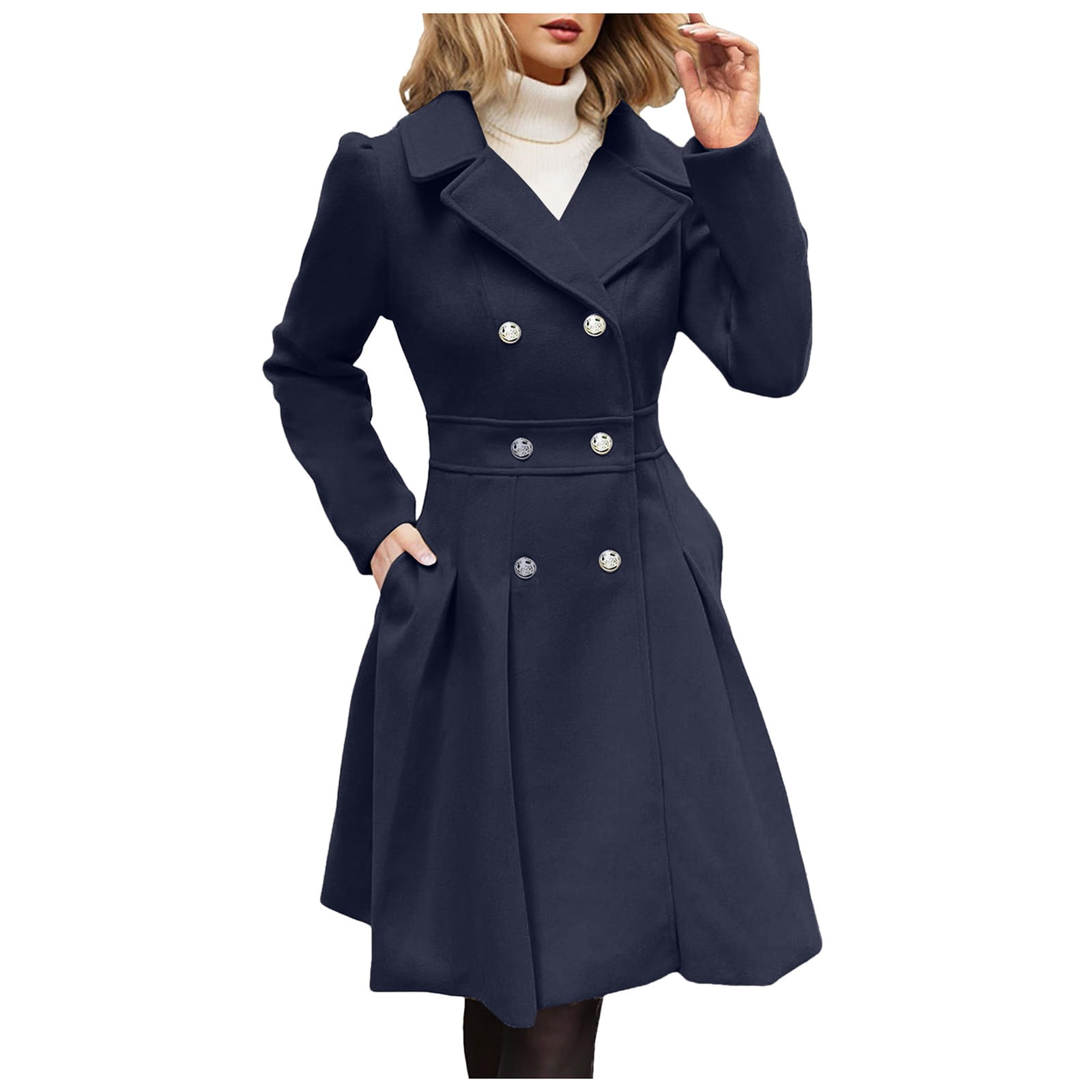 Povozer Women Double Pea Coat Winter Mid-Long Trench Coat Belt(Navy,XXL ...