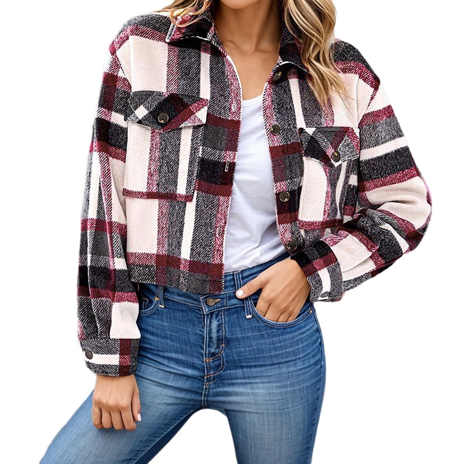 Povozer Womens Button Jacket Roll Tab Sleeve Shacket Flap Pocket ...