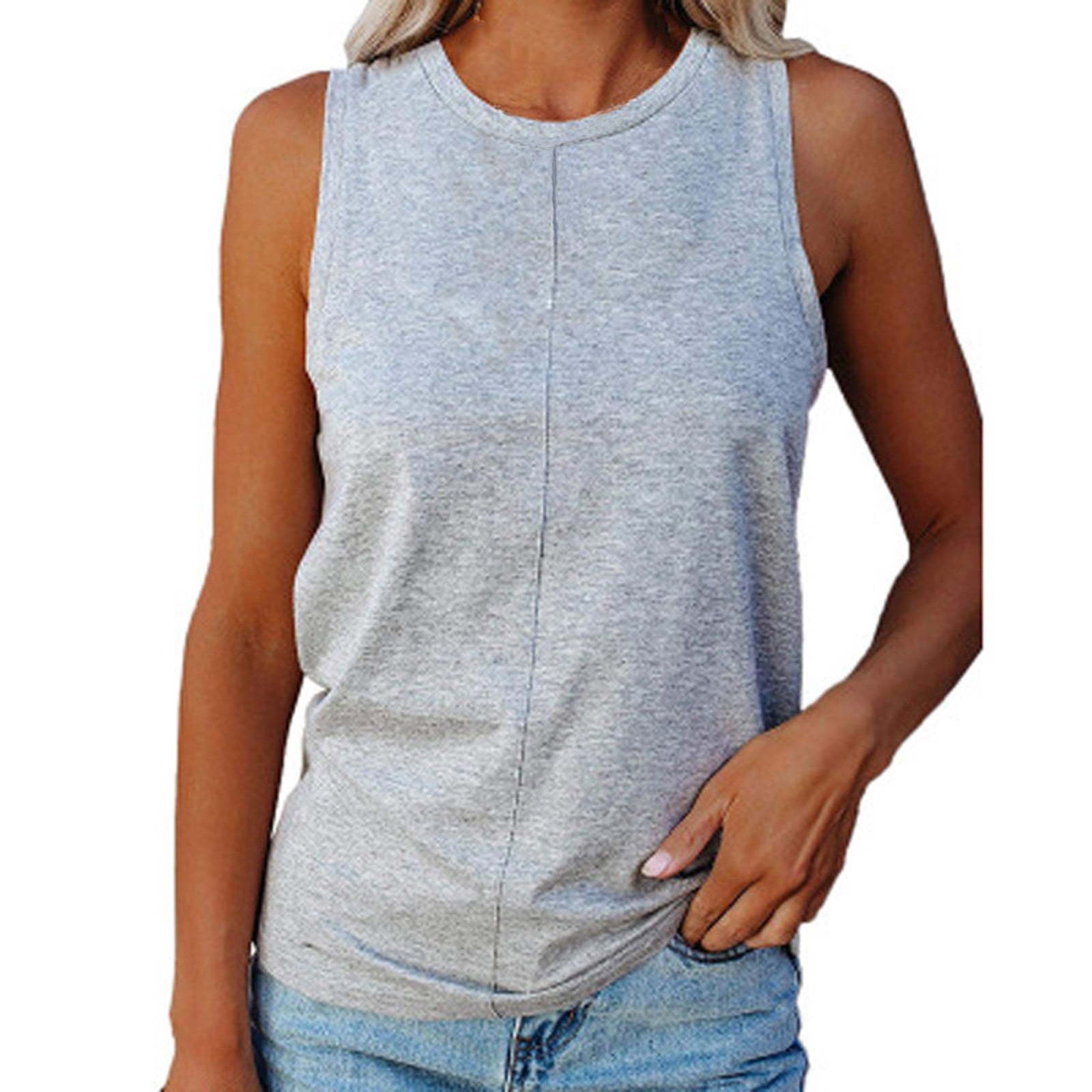 Povozer Womens Crew Neck Tank Tops Sleeveless T Shirts Summer Solid ...