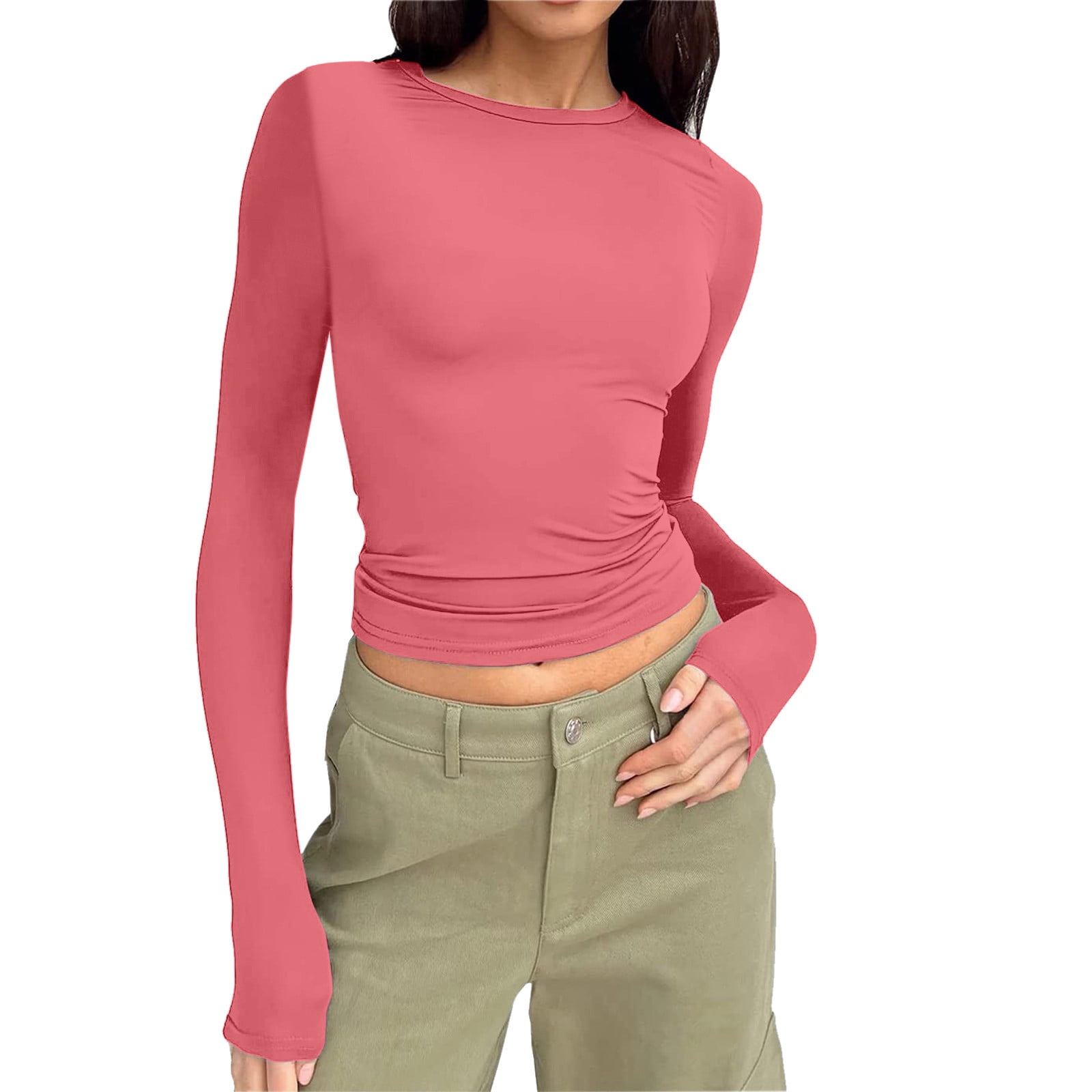 Povozer Womens Long Sleeve Shirts Basic Spring Crop Tops Fall Fashion ...