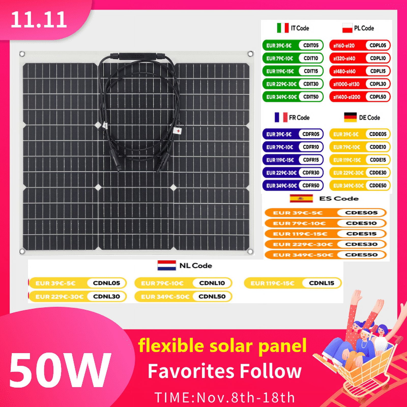PowMr Portable 60W/50W/40W/20W Flexible Solar Panel Waterproof Outdoor Solar Panel Kits Complete ...