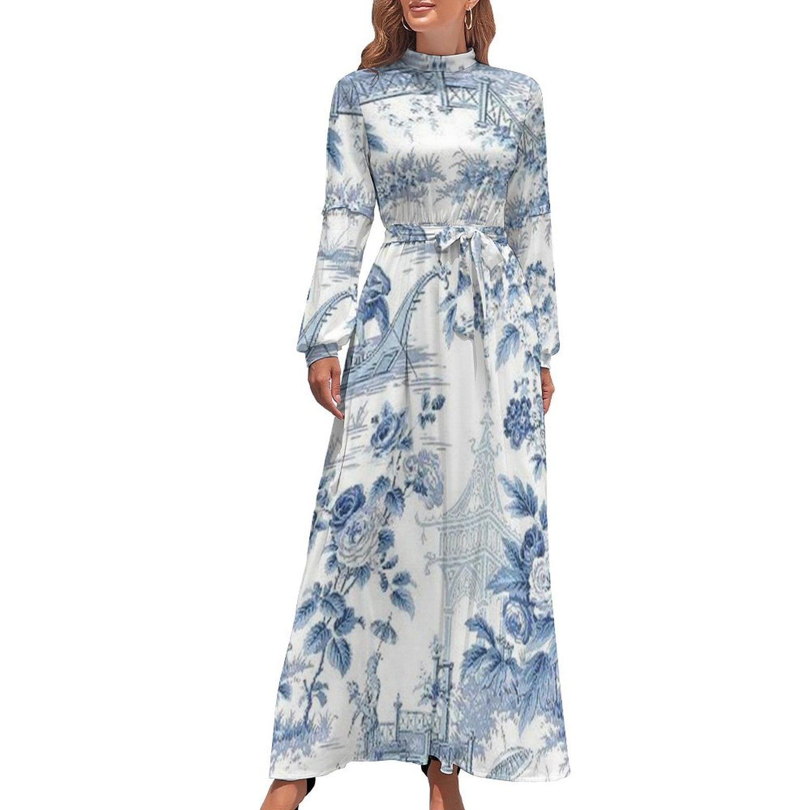 Powder Blue Chinoiserie Toile Long Dress women's dresses luxury beach ...