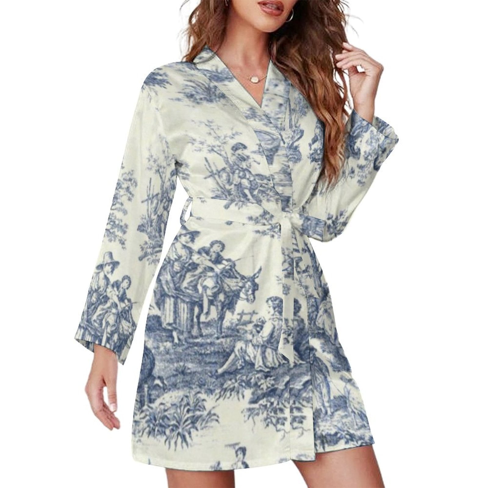 Powder Blue French Toile Picnic Designs Night Robe Long Sleeve V Neck ...