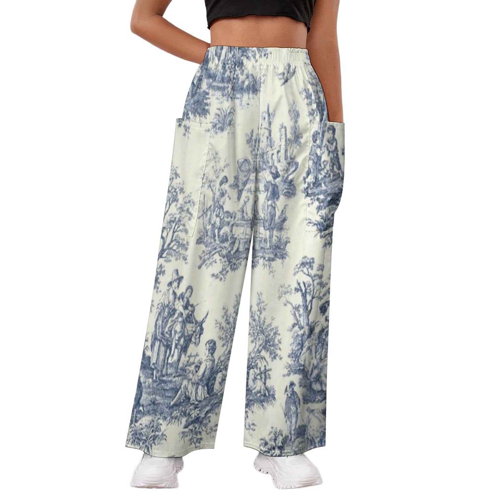 Powder Blue French Toile Picnic Designs Straight Leg Trousers for Women ...