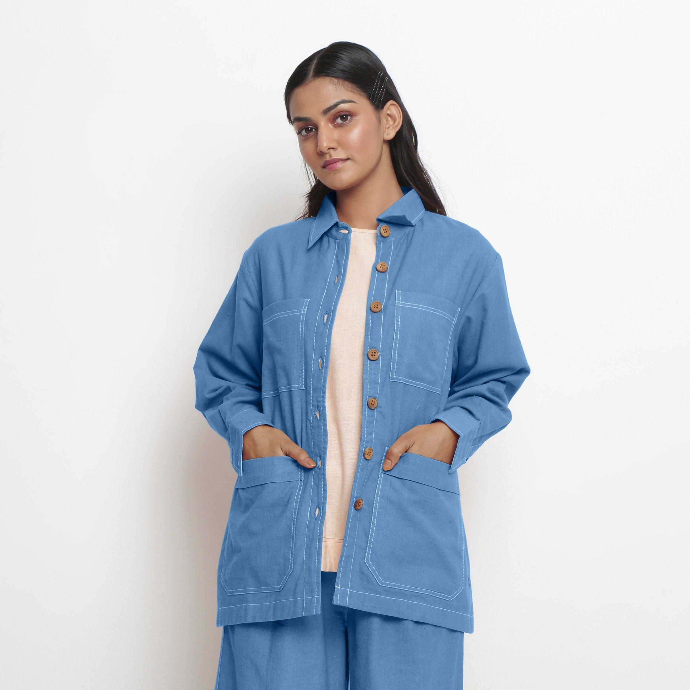 Powder Blue Handspun Cotton Button-Down Jacket - Walmart.com