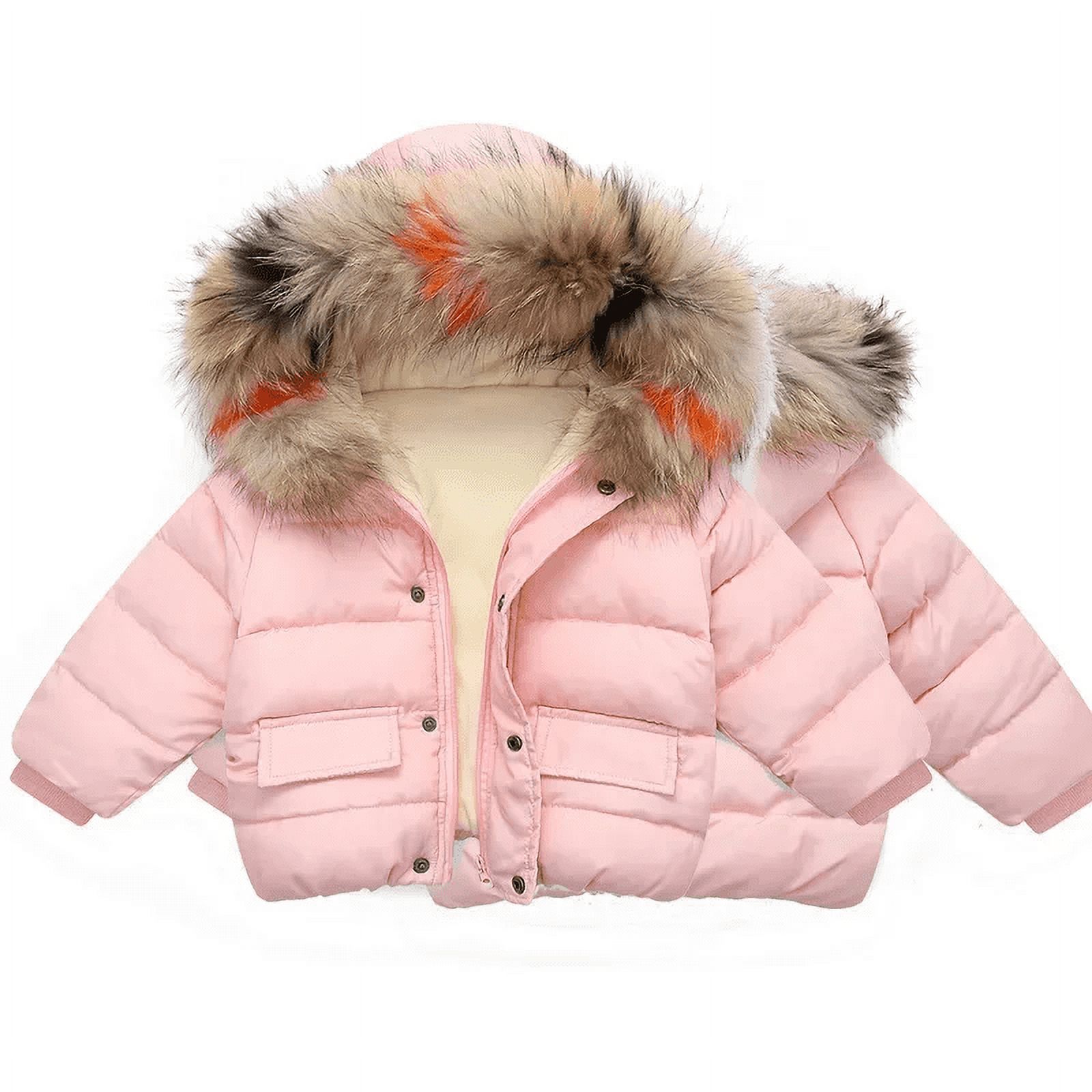 Powder Pink Girls Hooded Puffer Jacket with Warm Fur Collar - Walmart.com