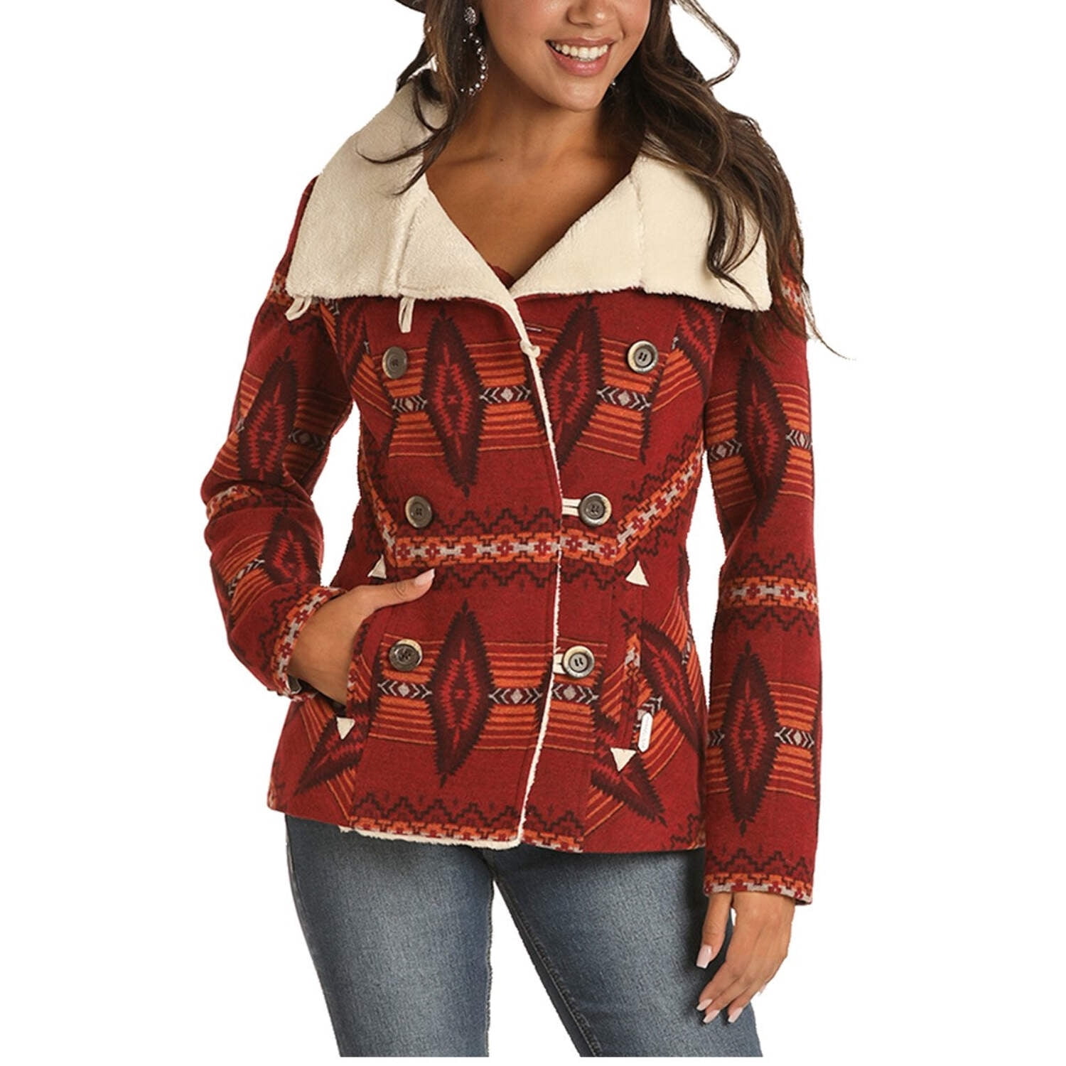 Powder River Ladies Aztec Jacquard Red Wool Coat 52-1019-65 - Walmart.com