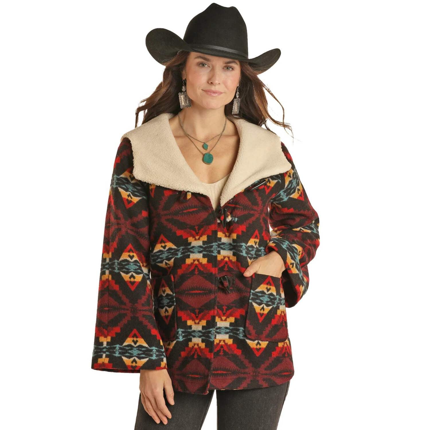 Powder River Ladies Black Aztec Jacquard Wool Cape Coat DW92C01502-01 ...