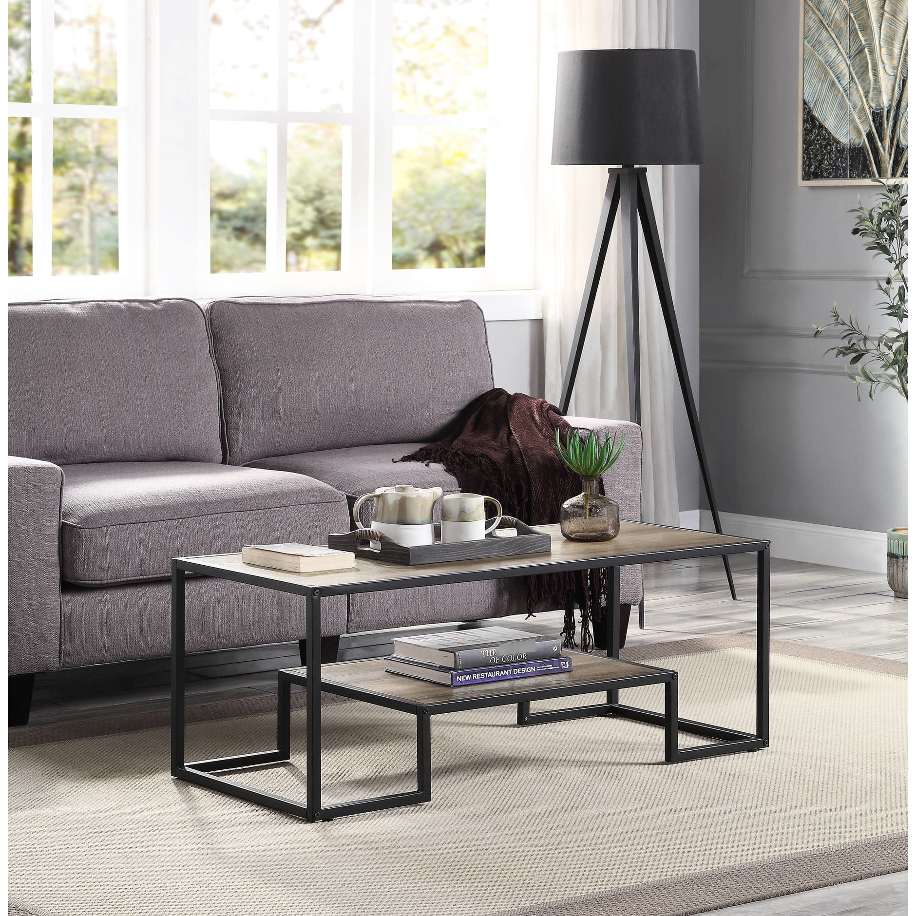 Powder coated metal frame coffee table with oak veneer for contemporary ...