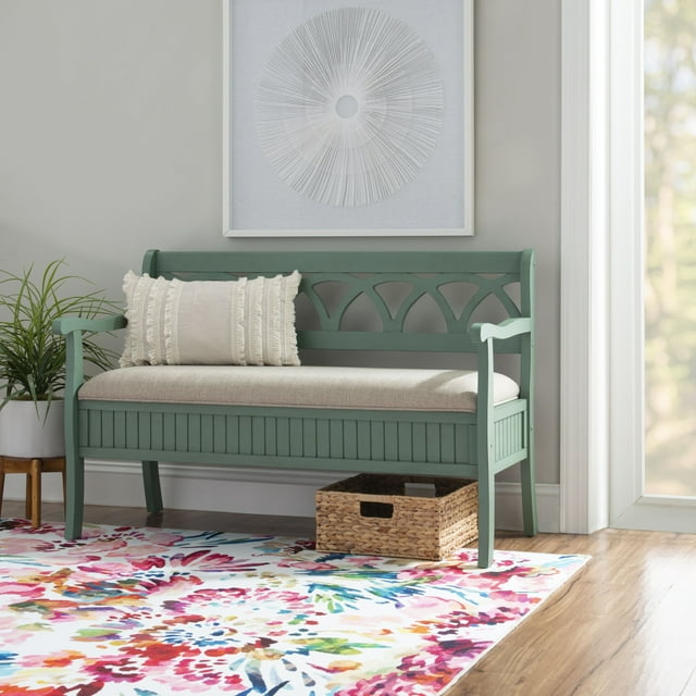 Powell Elliana Storage Bench, Teal Finish with Beige Fabric - Walmart.com