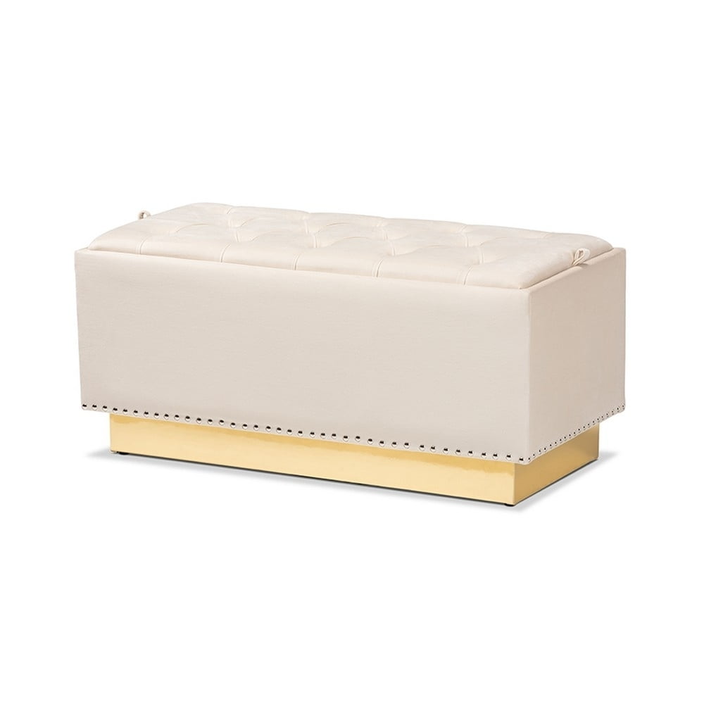 Powell Glam and Luxe Beige Velvet Upholstered Gold PU Leather Storage ...