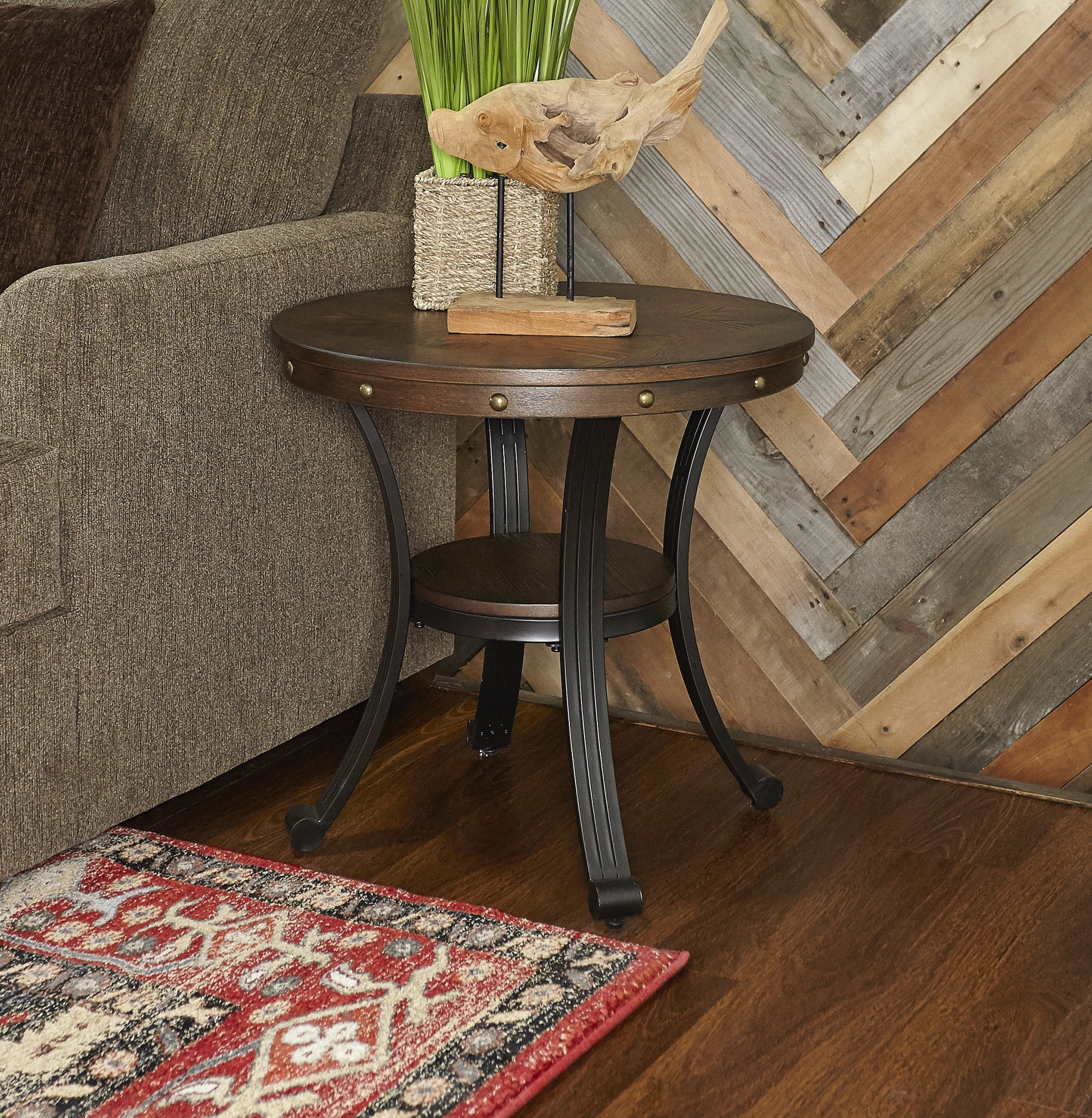 Powell Holloway Round Indoor End Table with Shelf, 23" Tall, Rustic ...