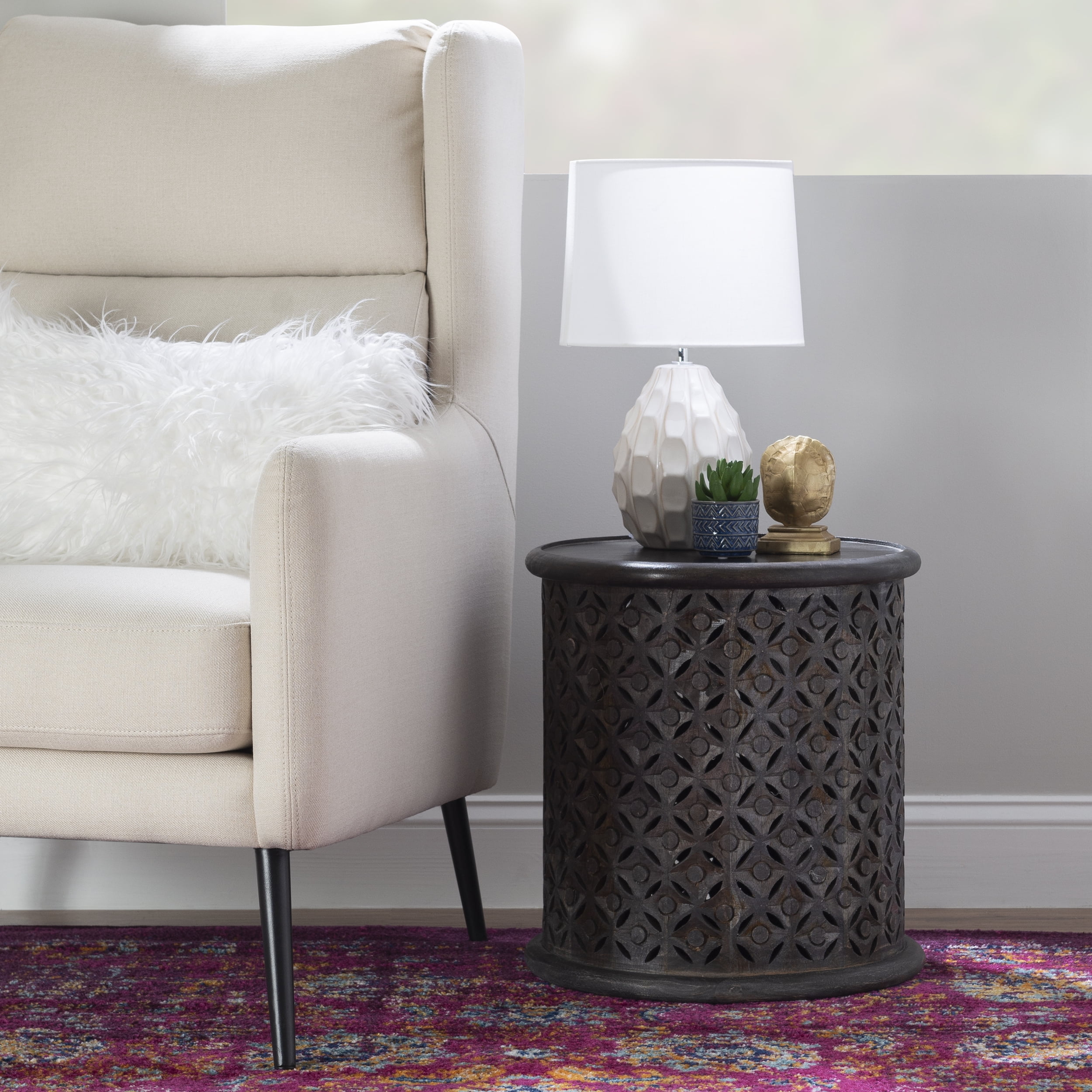 Powell Kacey Carved Wood Round Indoor End Table, 18" Tall, Dark Gray ...