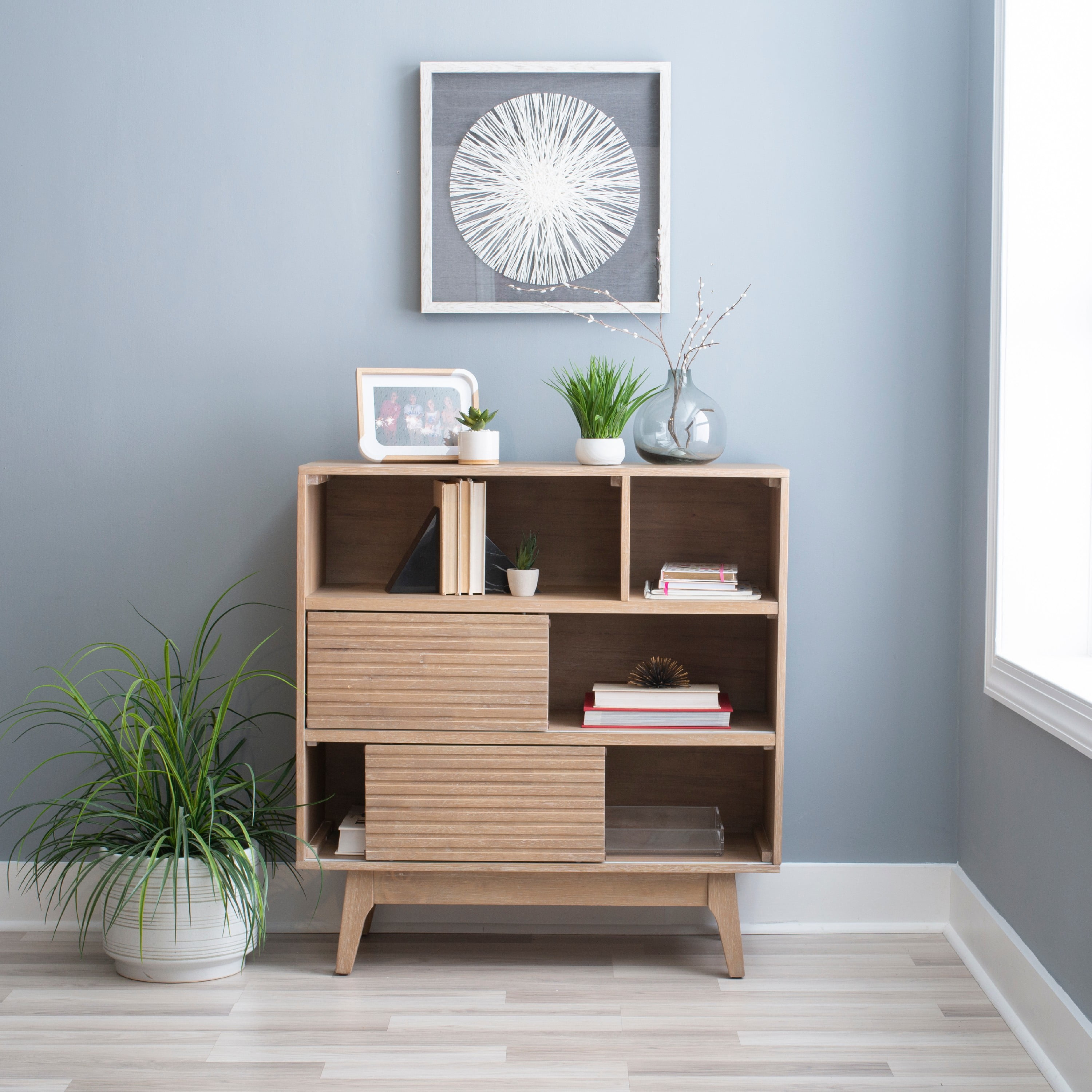 Powell Nixon 3-Tier Bookcase with 2 Sliding Door Panels, Natural ...