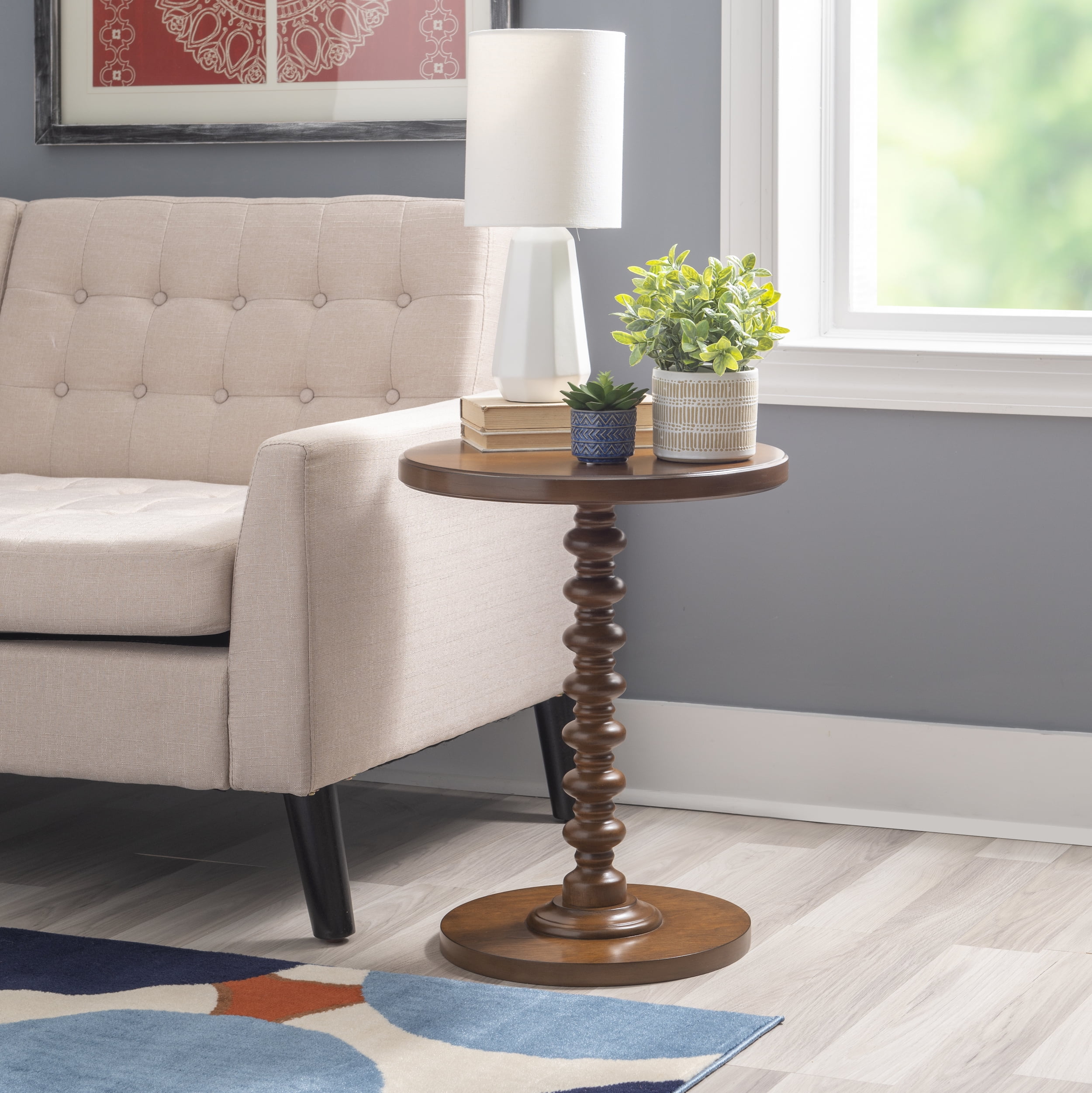 Side Table Wooden Powell Hazelnut Pedestal - 17" Round Turned Spindle ...