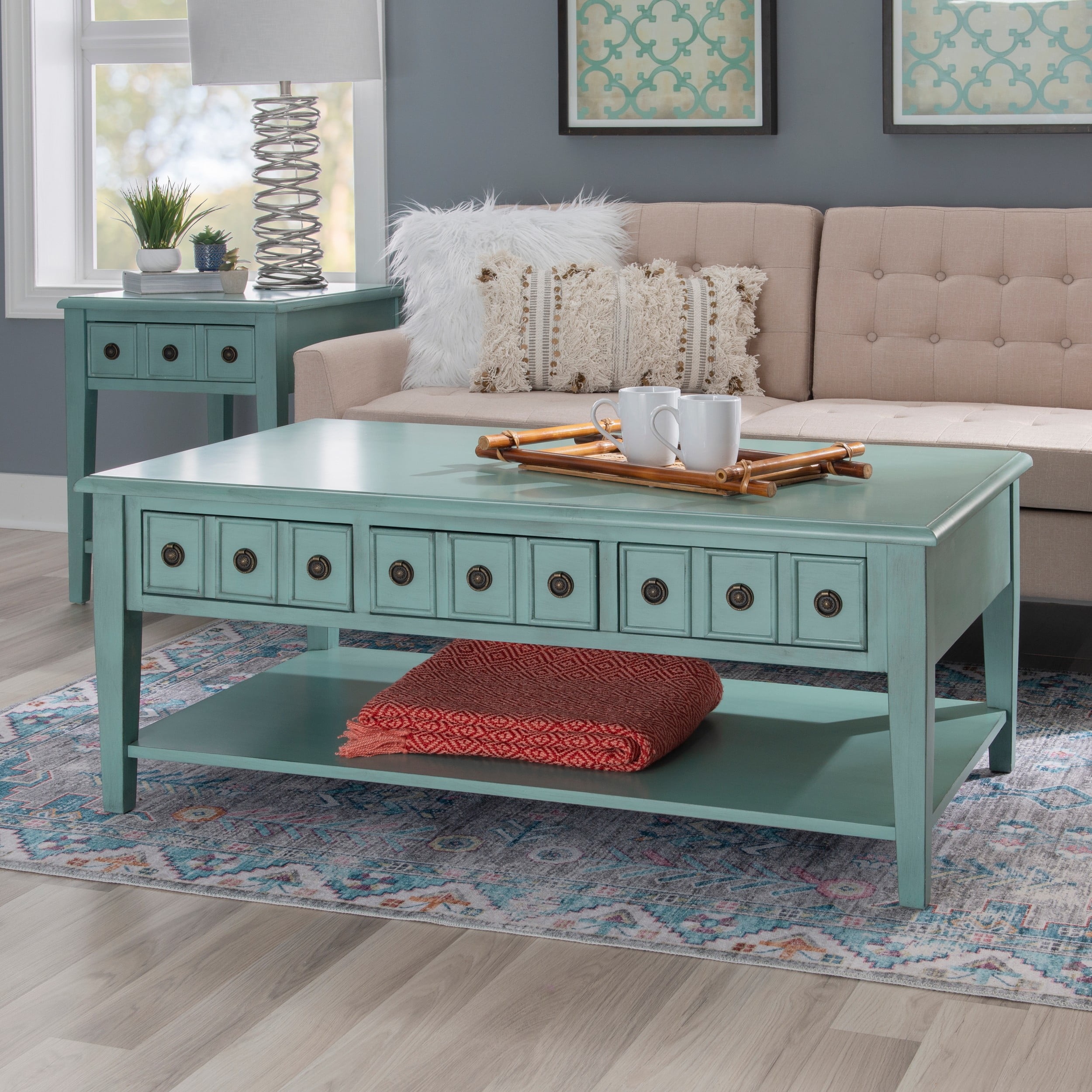 Powell Sadie 3-Drawer Coffee Table with Shelf, Teal - Walmart.com