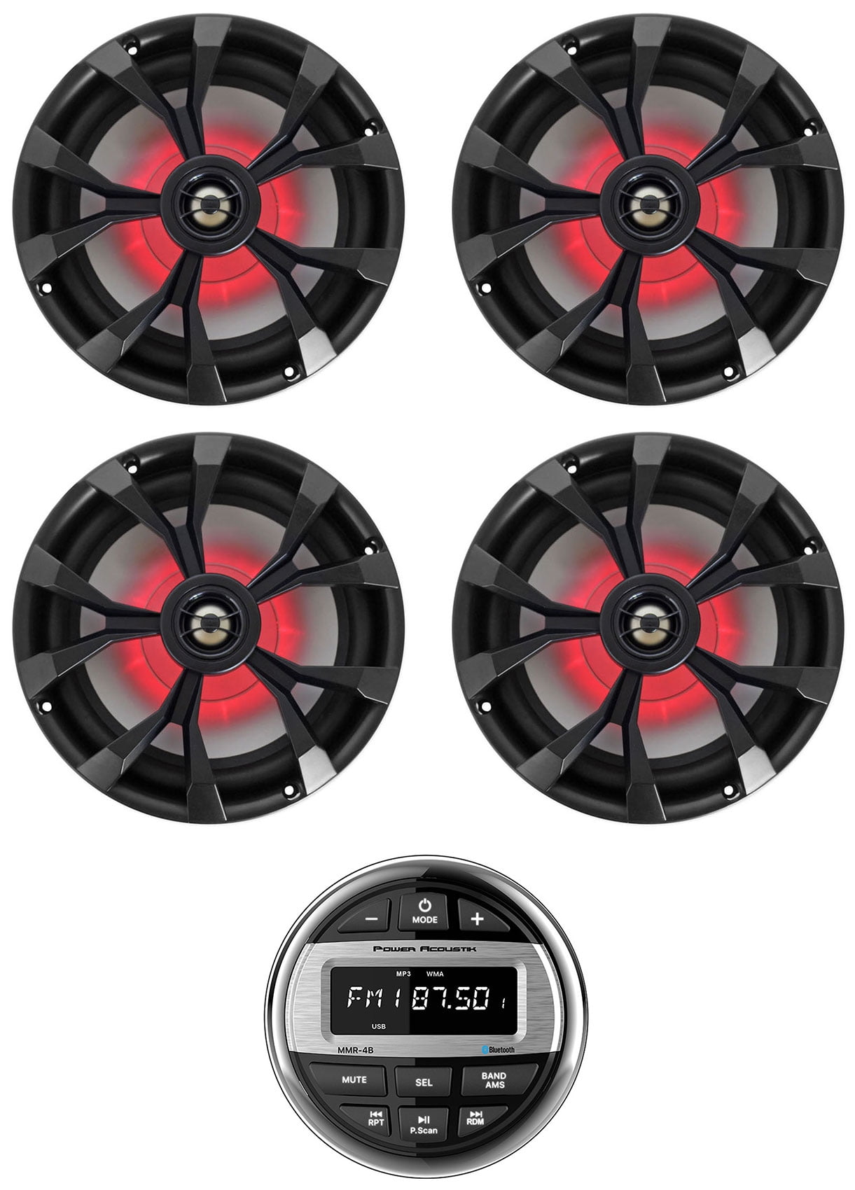Power Acoustik MMR-4B Marine Receiver Bluetooth/USB/EQ+(4) 8" Black LED ...