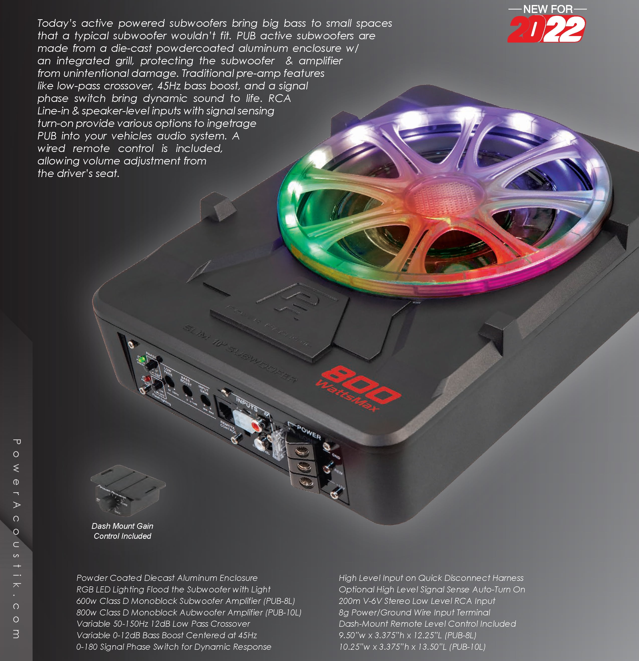 Power Acoustik PUB-10L, 10" Subwoofer, RGB LED, Powered Enclosure ...