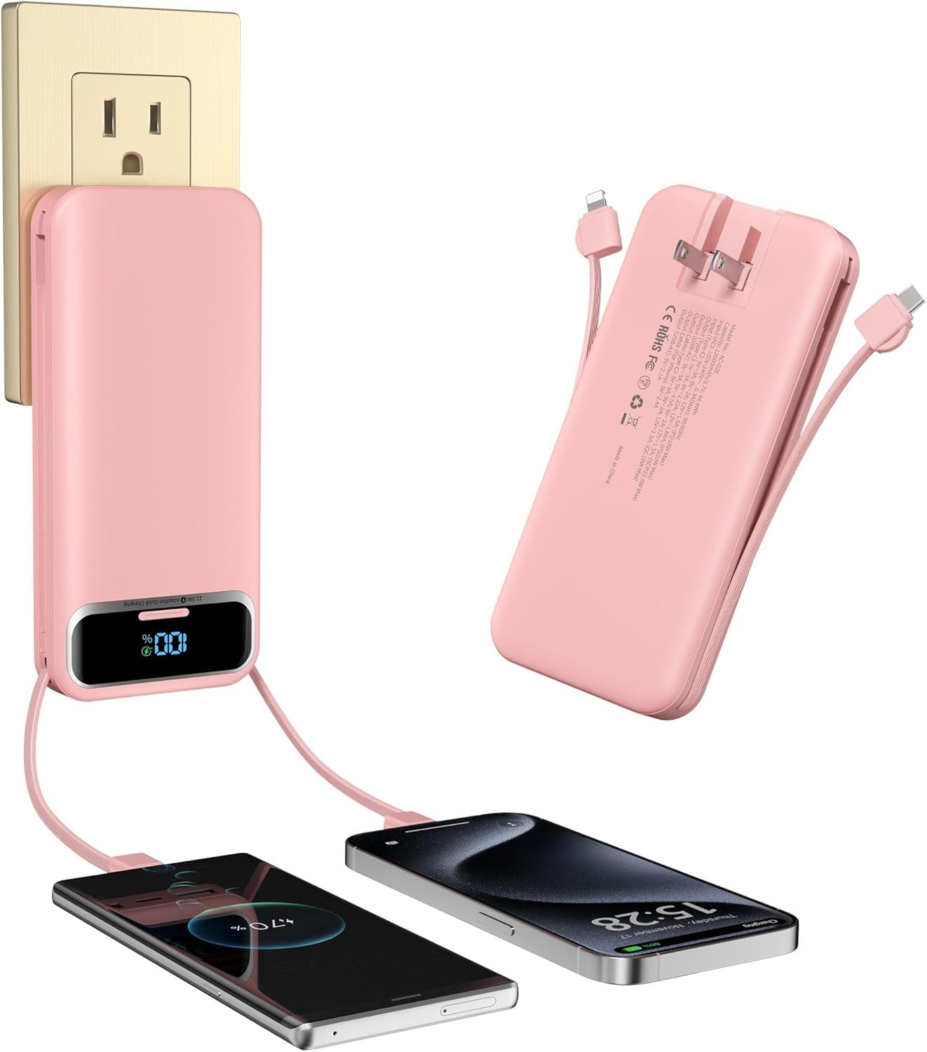 Power-Bank with Built-in Cables & AC Wall Plug - 12000mAh PD 20W Fast ...