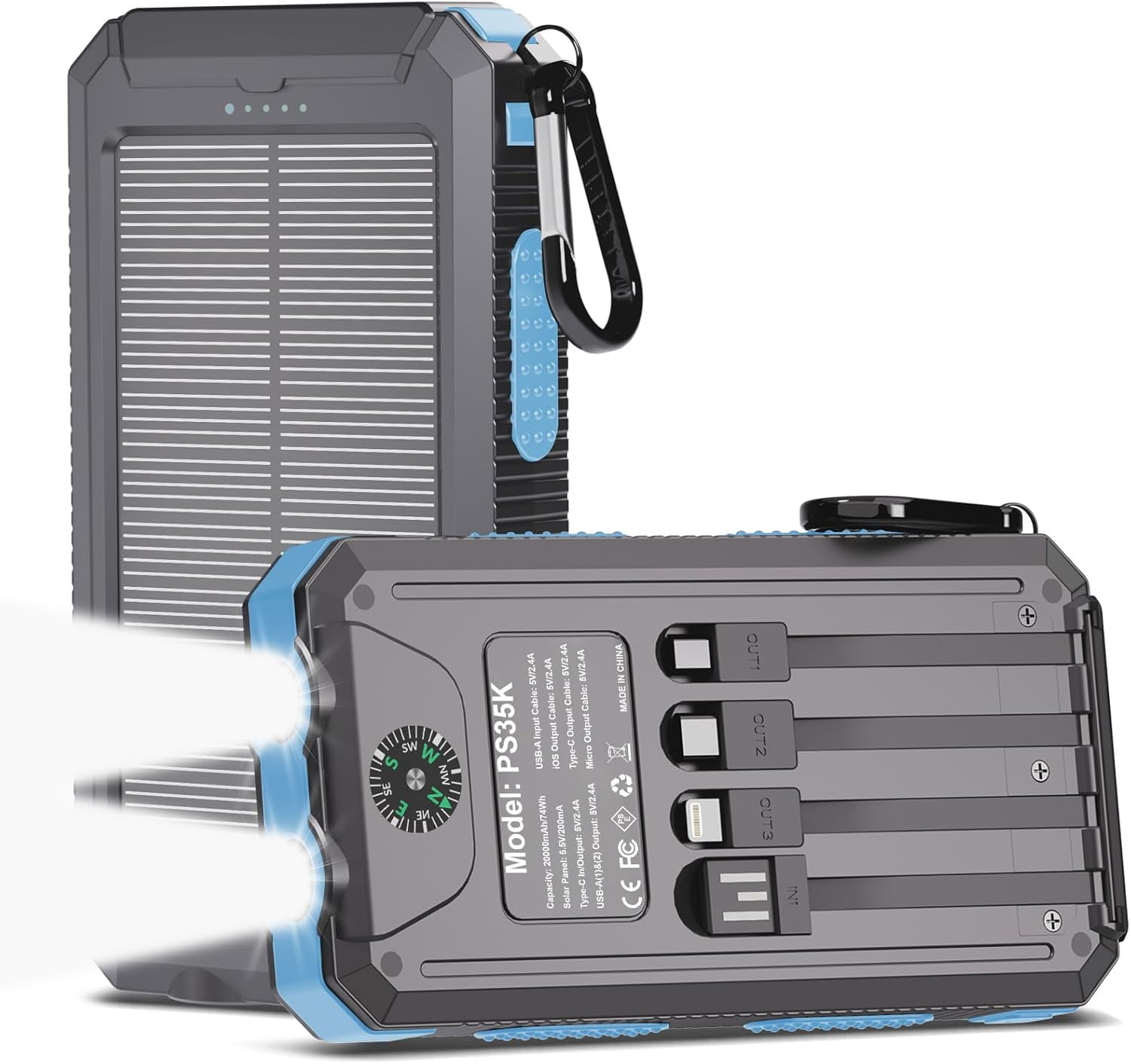 Power Bank Solar Charger 20,000mAh, Portable Phone Charger, 4 Cables ...