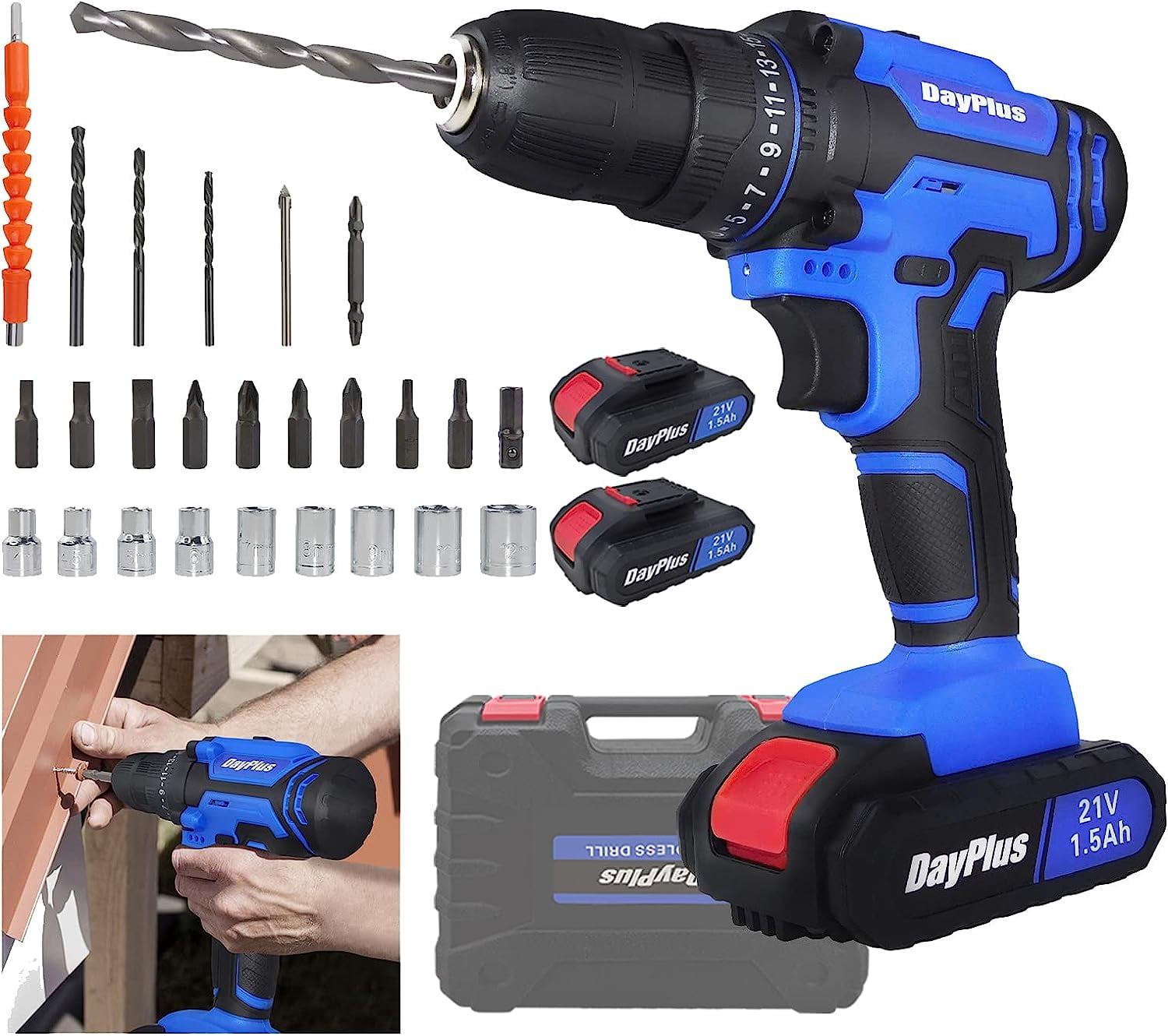 Power Drill 21V Cordless Drill Power Tools Kit 3/8'' Keyless Chuck, 25 ...