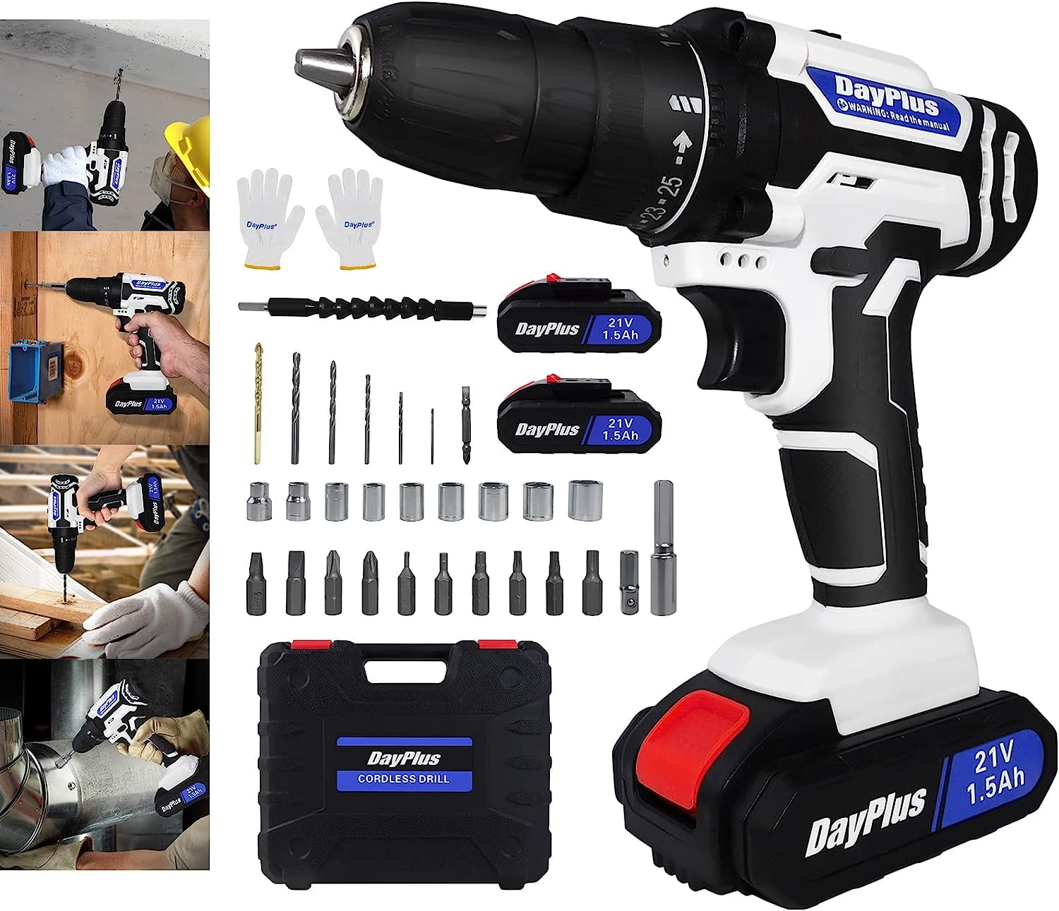 Power Drill 21V Cordless Drill Power Tools Kit 3/8'' Keyless Chuck, 25 ...