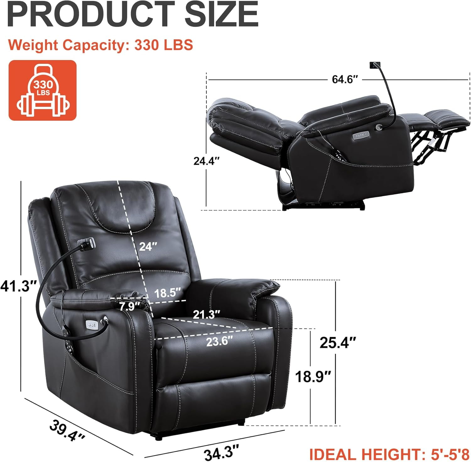Power Electric Zero Recliner with Massage and Heating, -Leather Chair ...