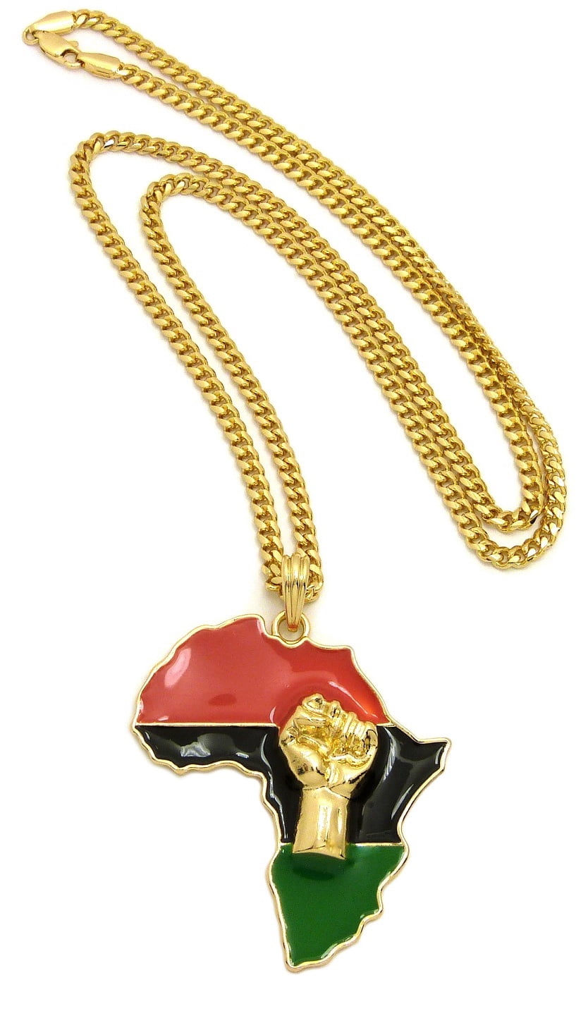 Power Fist on Pan Africa Continent Pendant with 4mm 30" Cuban Chain ...