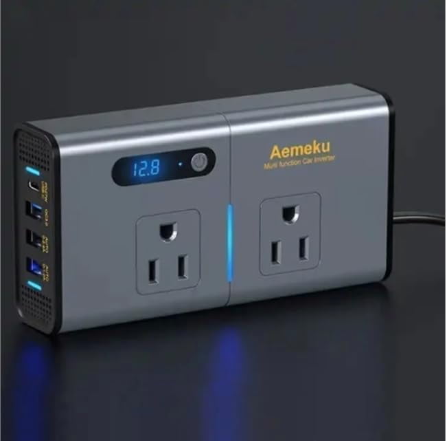 Power Inverter 200W Metal Adapter Fast Charging 12V to 110v pd 4 USB Ports(2.4A USB+1.2A USB+QC3 ...