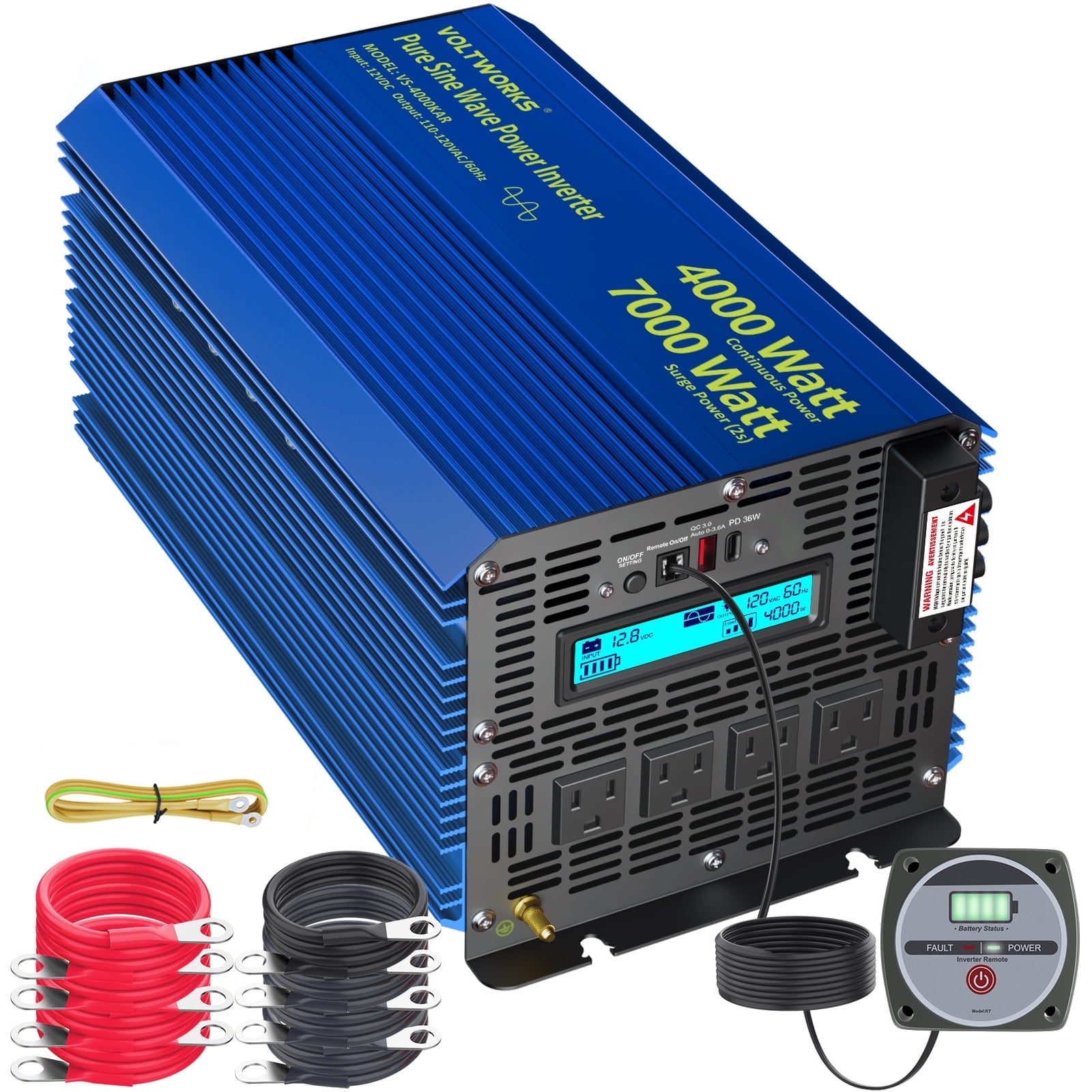 Voltworks 12 VDC 4000W Continuous 7000W Surge Power Inverter for Off ...