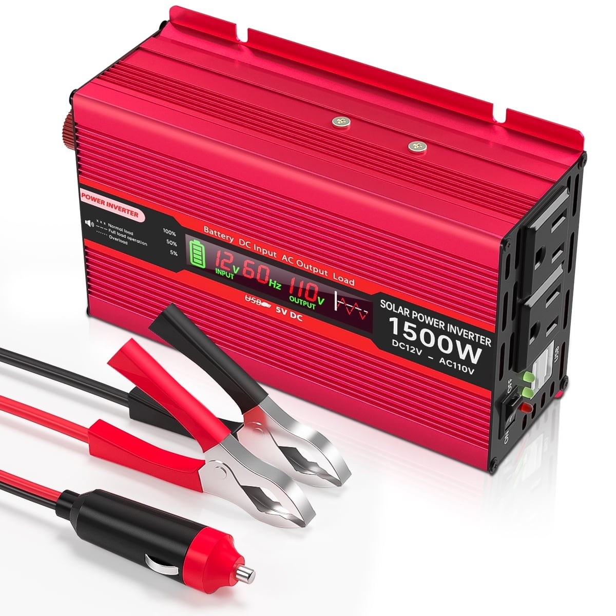 1500W Peak Power Inverter, DC 12V to AC 110V Converter, LCD Display ...