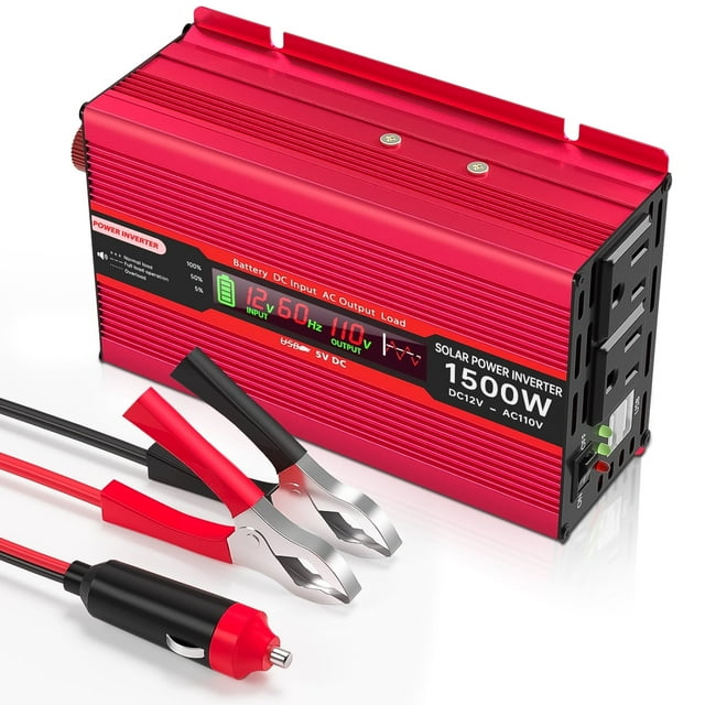 1500W Peak Power Inverter, DC 12V to AC 110V Converter, LCD Display, Dual 2.4A USB Port ...